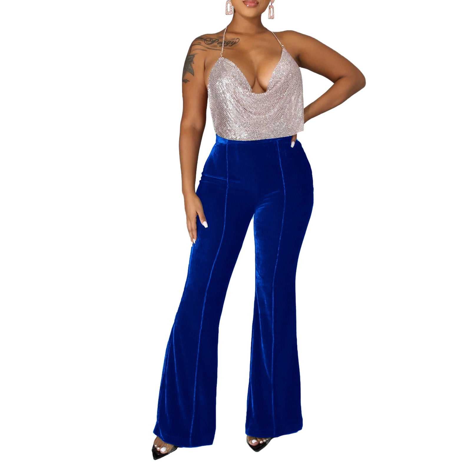 Women Velvet Flared Pants Vintage High Waist Bell Bottom Trousers