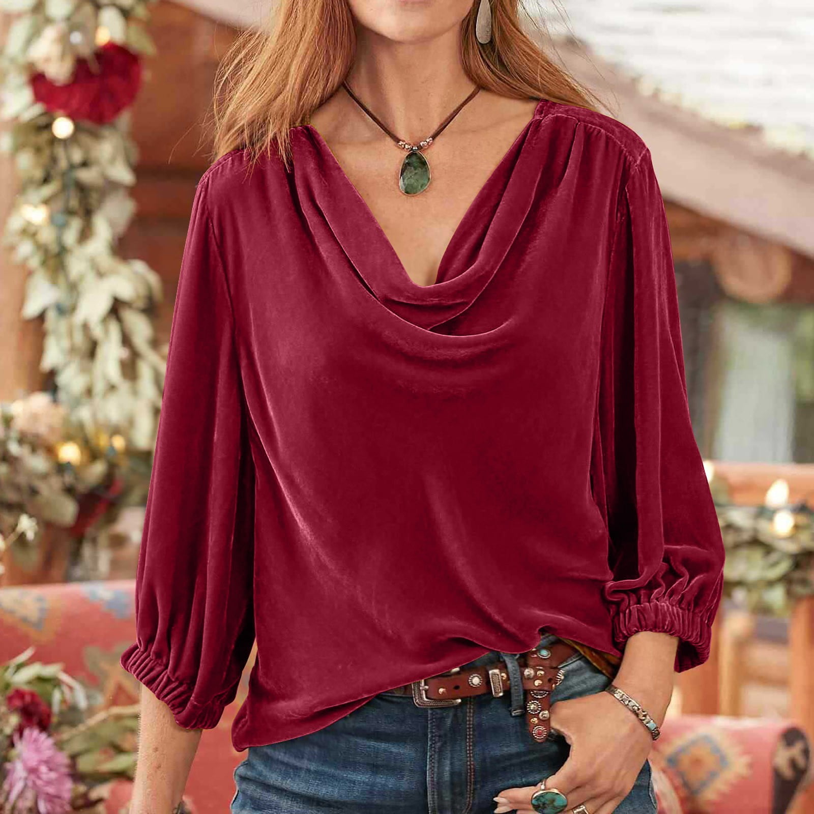 Women Velvet T Shirts Casual 3/4 Sleeve Solid Shirt Cowl Neck Drape Ruched Front Long Sleeve ...