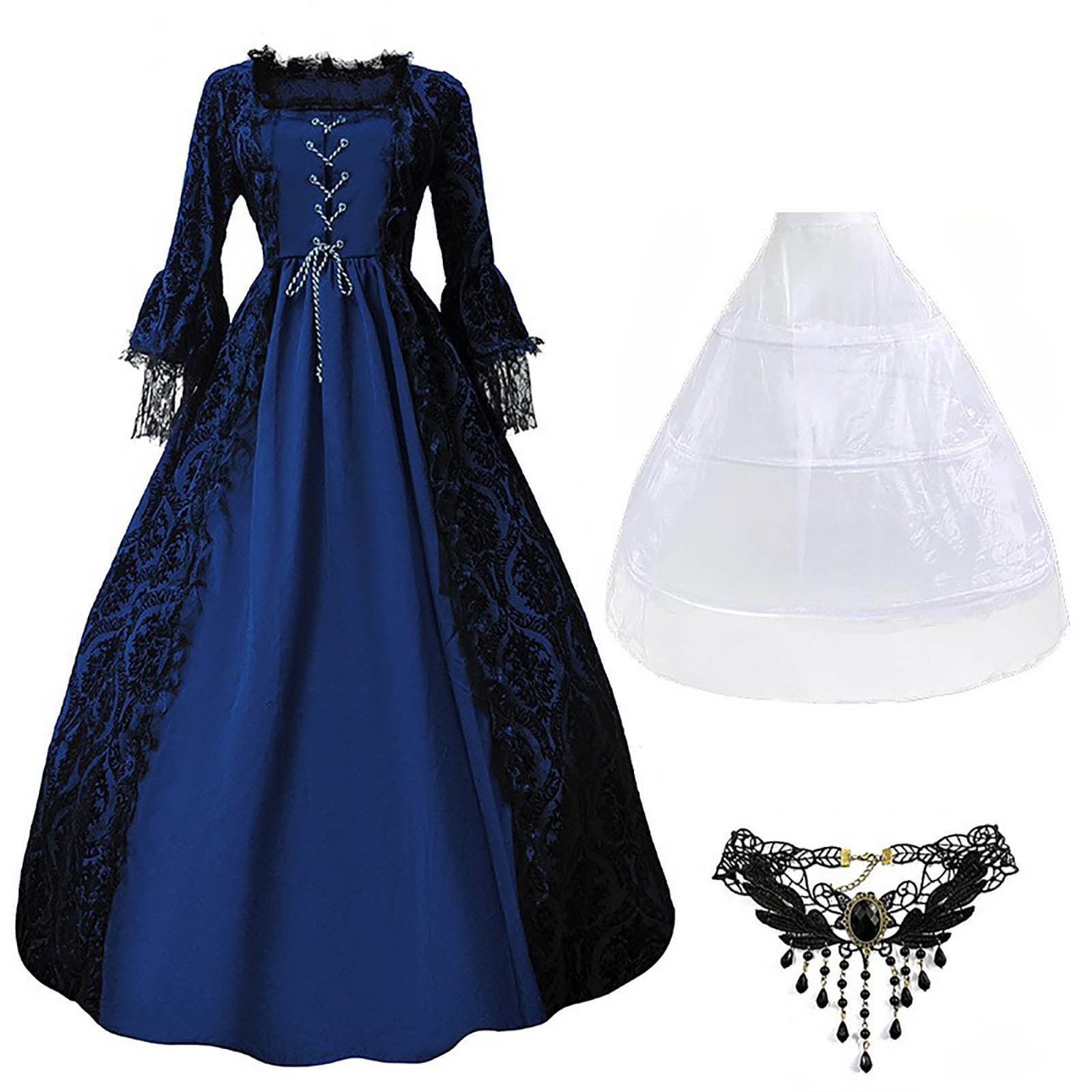 Women Victorian Ball Gown Dress Layered Ruffle Lace Patchwork Gothic ...