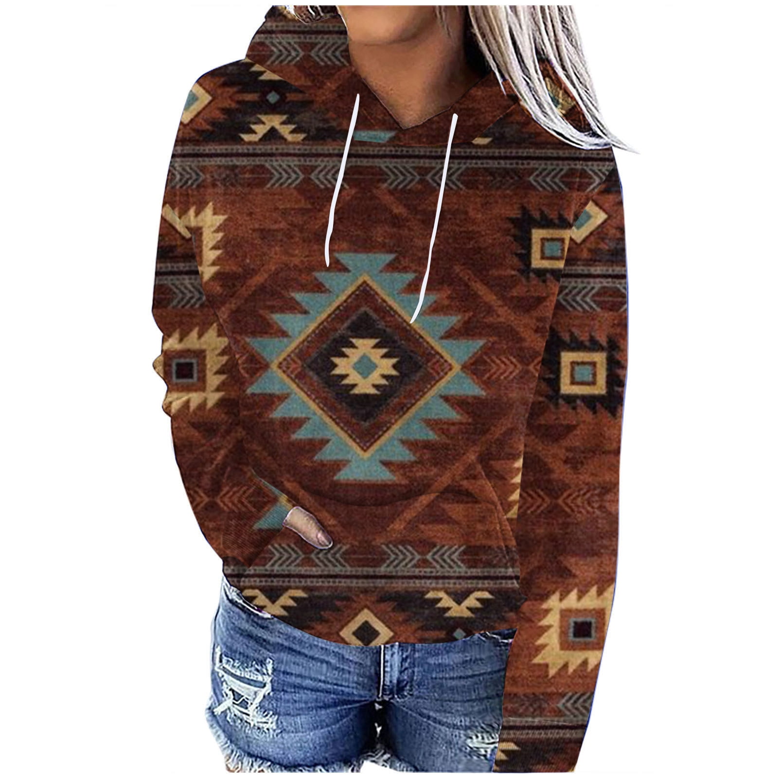 Women Vintage Aztec Printed Hoodies With Kangaroo Pocket Long Sleeves