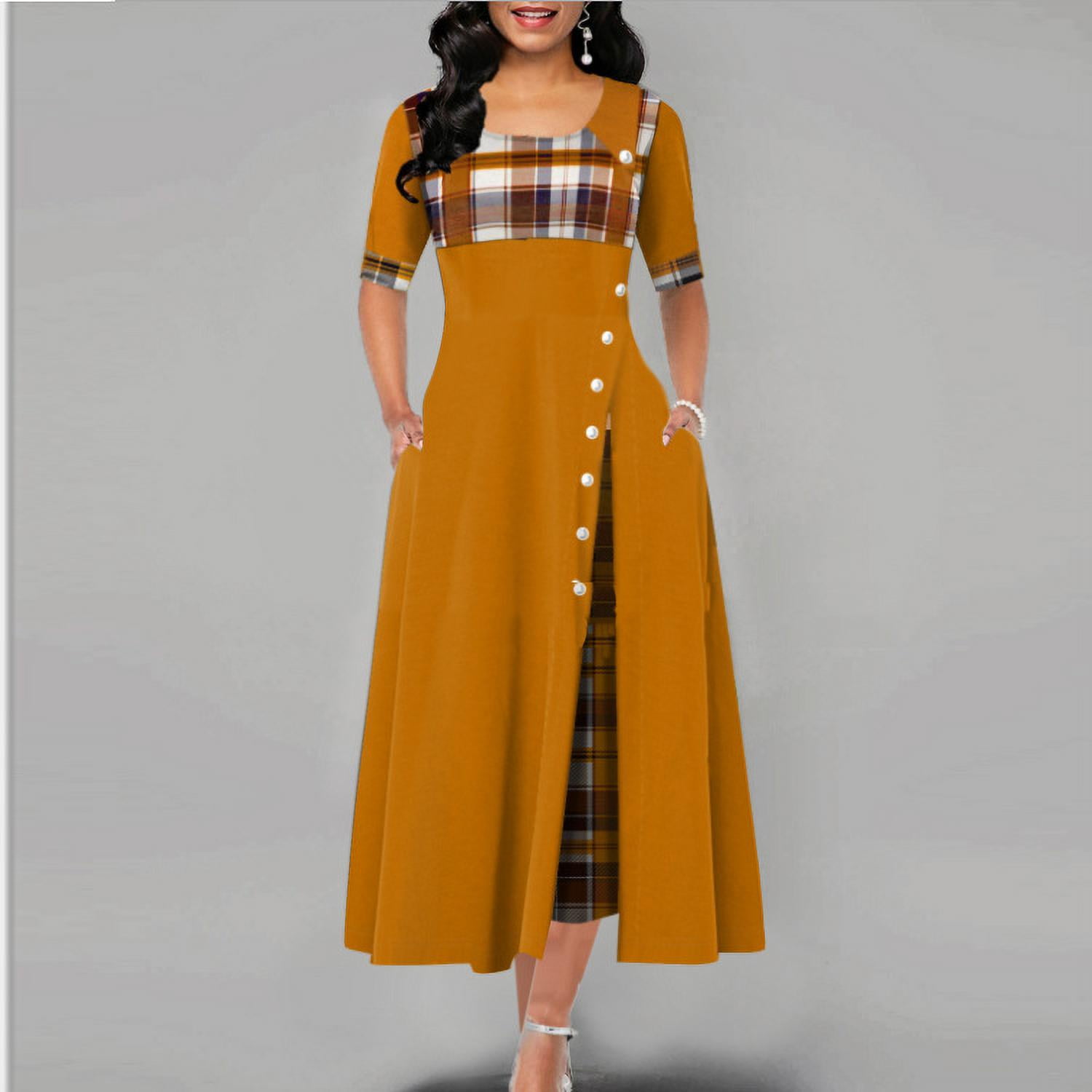 Women Vintage Casual Plaid Print Button Fashion Half Sleeve Dresses women-vintage-casual-plaid-print-button-fashion-half-sleeve-dresses