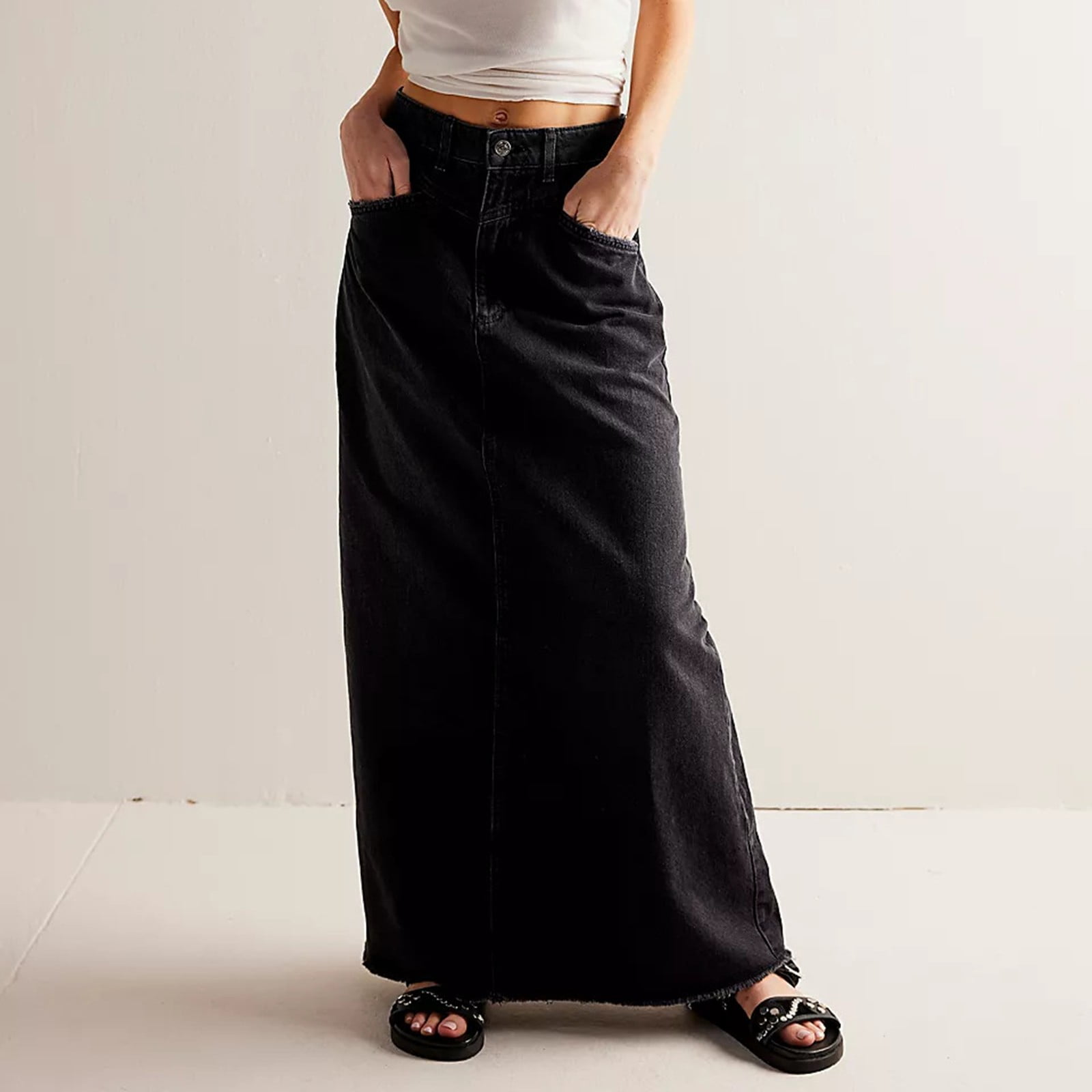 Women Vintage Denim Maxi Skirt Hem High Waist A Line Long Jean Skirt Punk Skirt Raffia Table ...