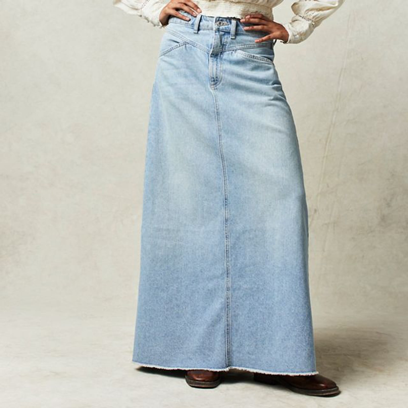 Women Vintage Denim Maxi Skirt Hem High Waist A Line Long Jean Skirt Punk Skirt Raffia Table ...