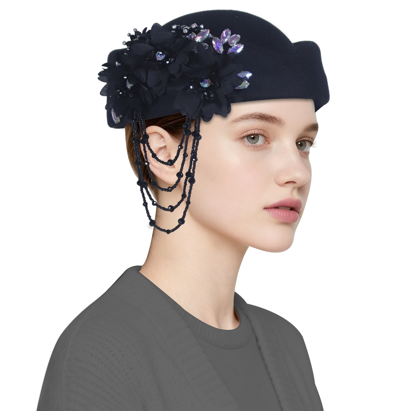 Women Vintage Felt Beret Hat Floral Derby Church Headwrap Style Cap ...