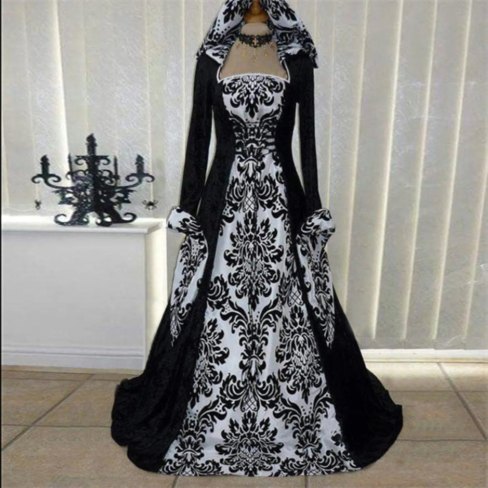 Women Vintage Retro Gothic Long Sleeve Hooded Dress Long Gown Dresses ...