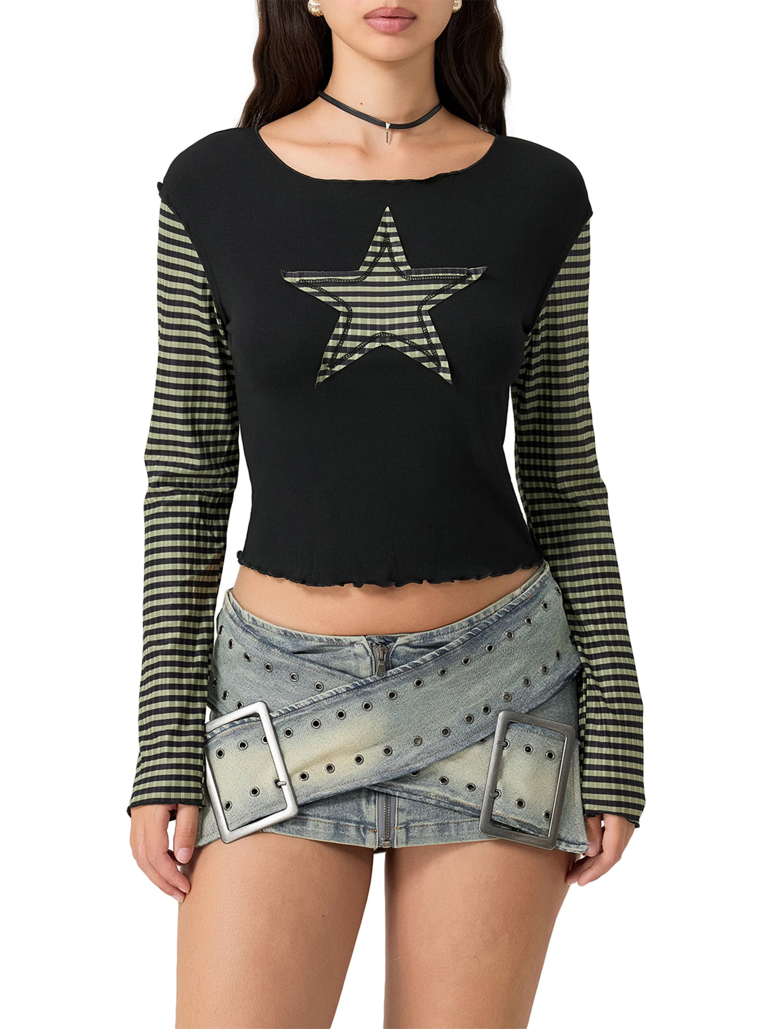Women Vintage Star Pattern Stripes Patchwork T Shirts Slim Fit Long ...