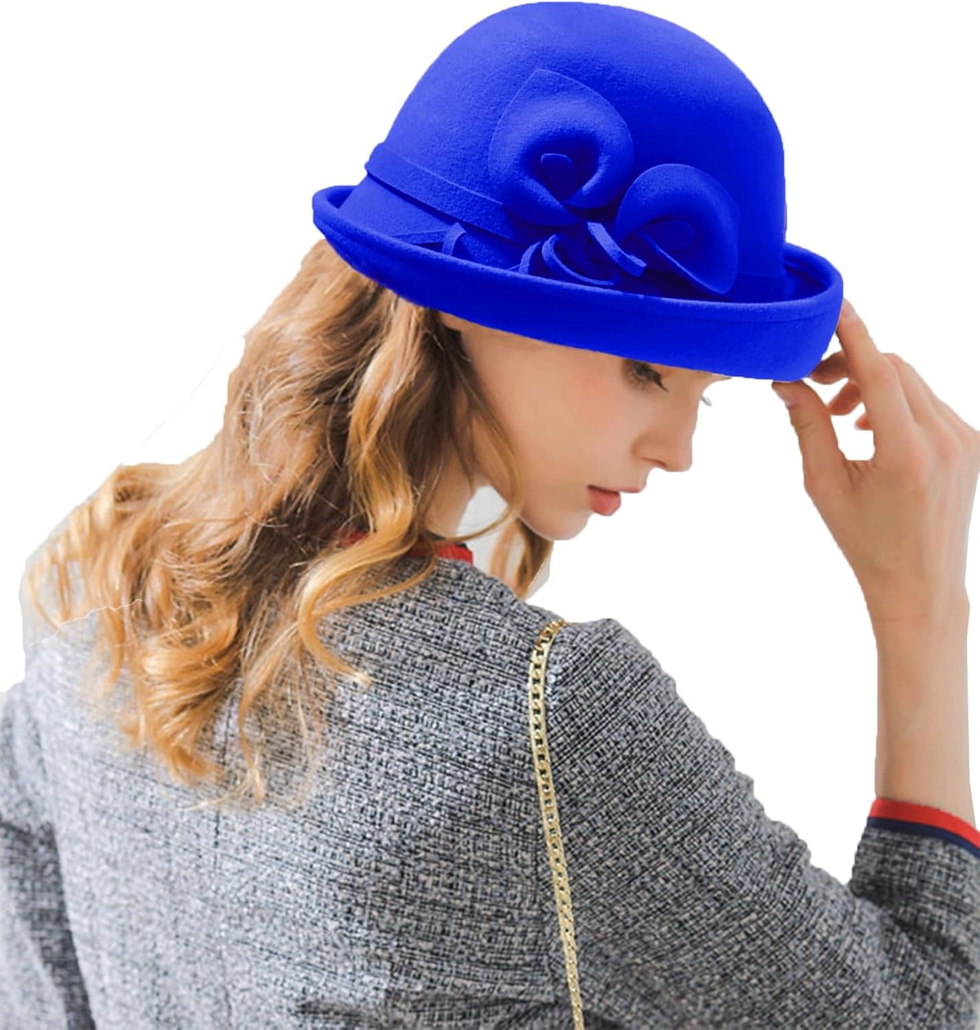 Women Vintage Wool Felt Flowers Bucket Cloche Bowler Hat Church Wedding ...