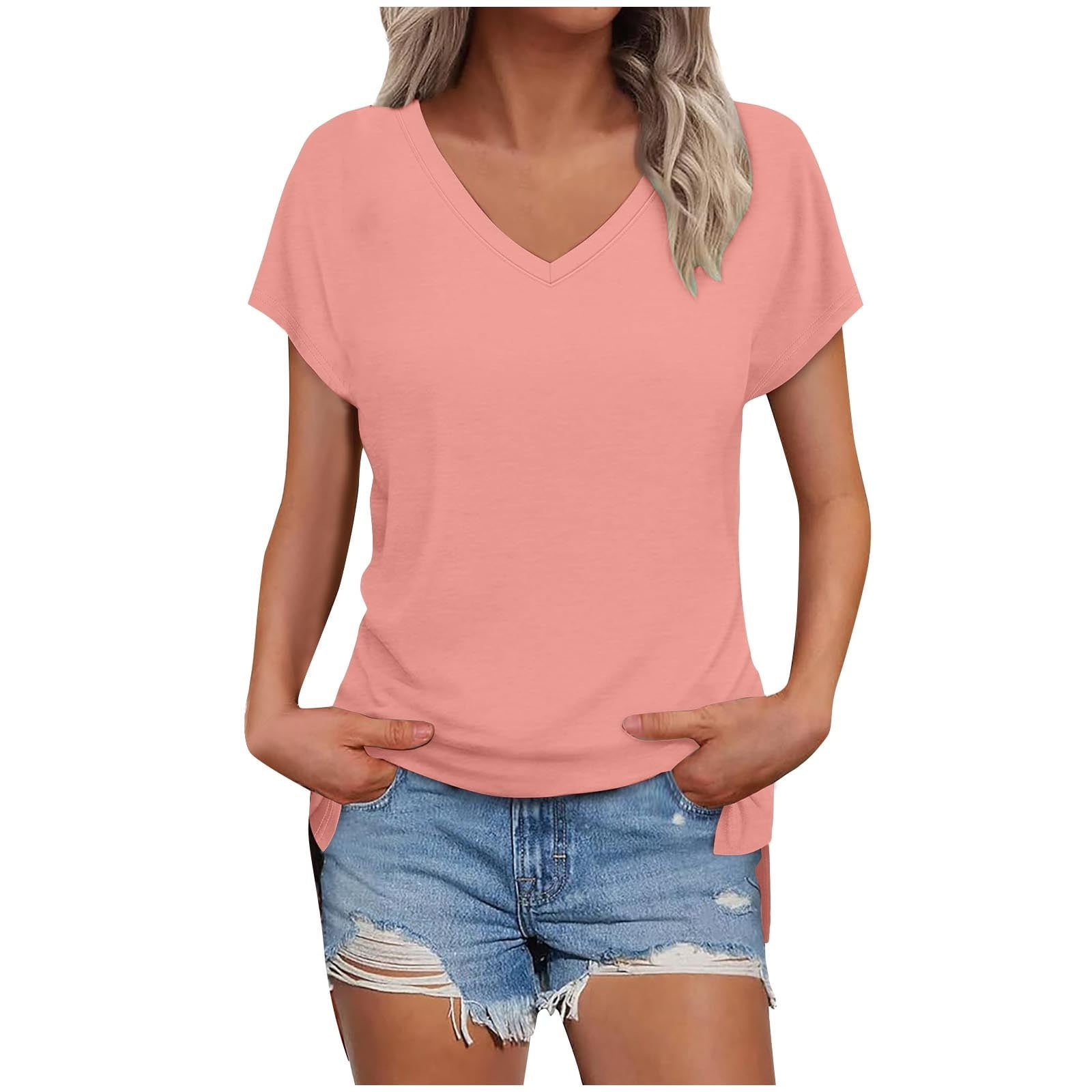 Women Vneck Basic Tees Loose Short Sleeve Blouses Side Slit Tshirt Top ...
