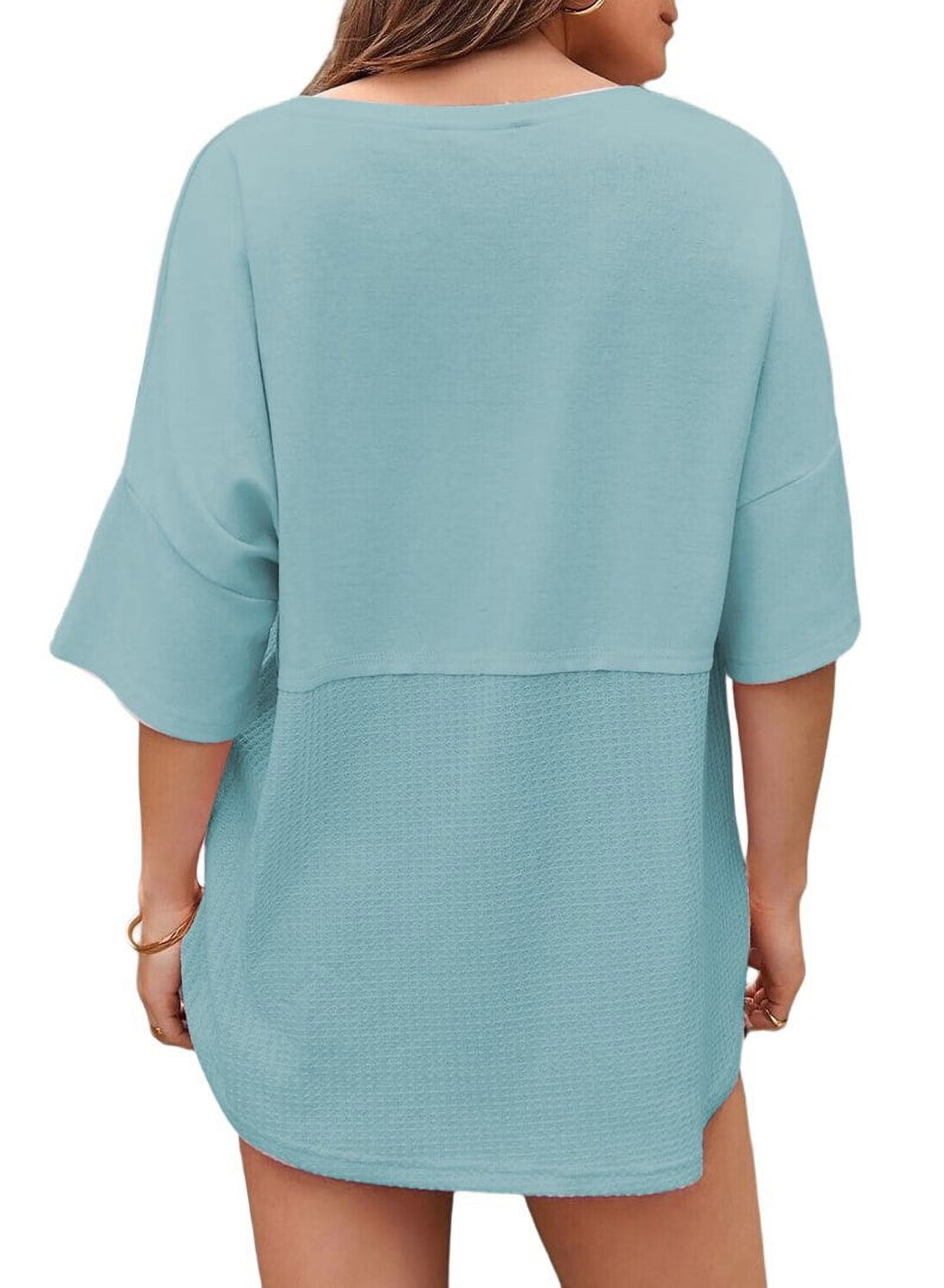 Women Waffle Knit Tops 2025 Fashion 3/4 Sleeve Crew Neck Oversized ...