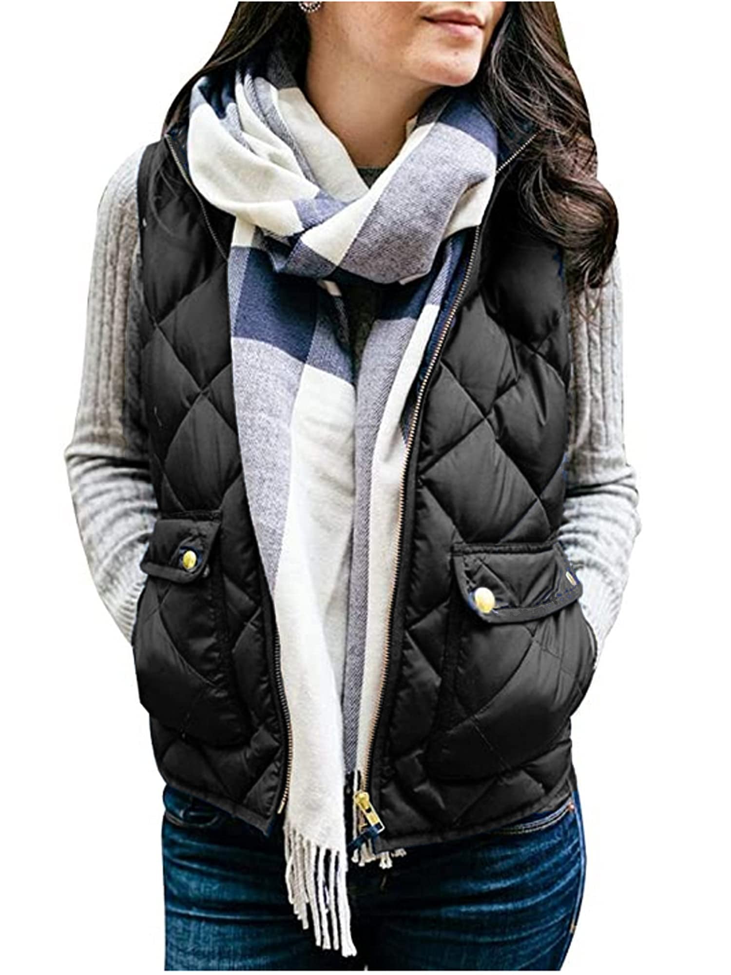 Women Warm Puffer Vest Solid Color Stand Collar Zip Up Sleeveless ...