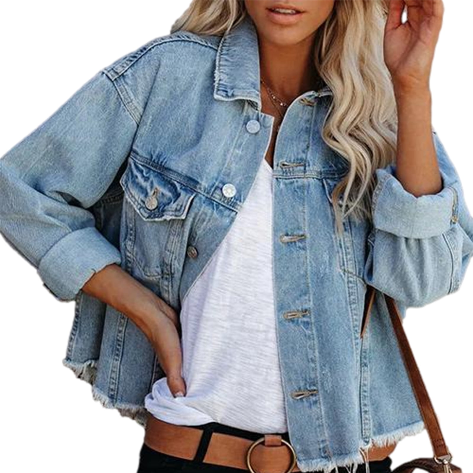 Women Washed Denim Jacket Long Sleeve Overcoat Pullover Blouse Jean ...