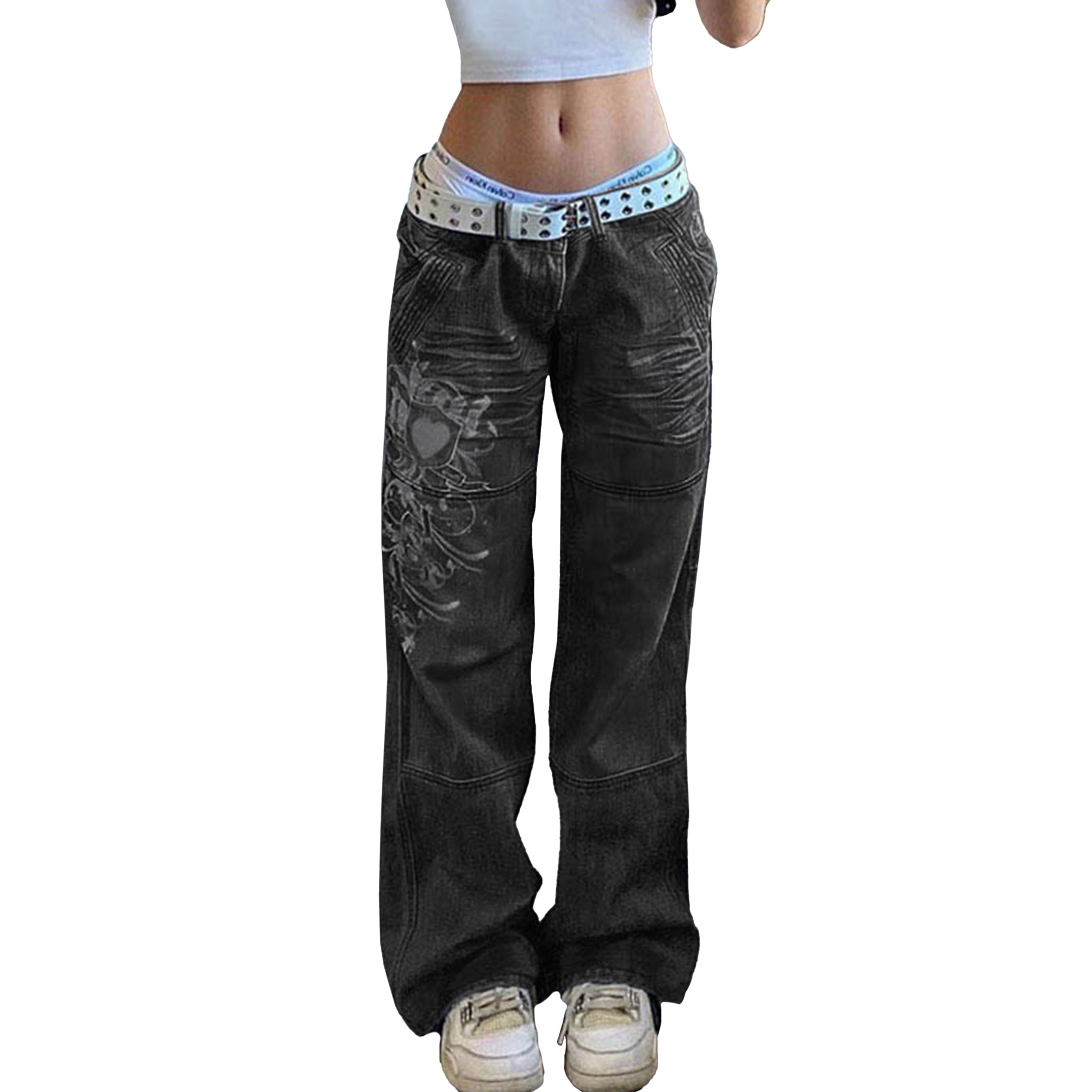 EMMIOL Women's Low Rise Cargo Jeans - Y2K Wide-Leg Baggy Denim Pants ...