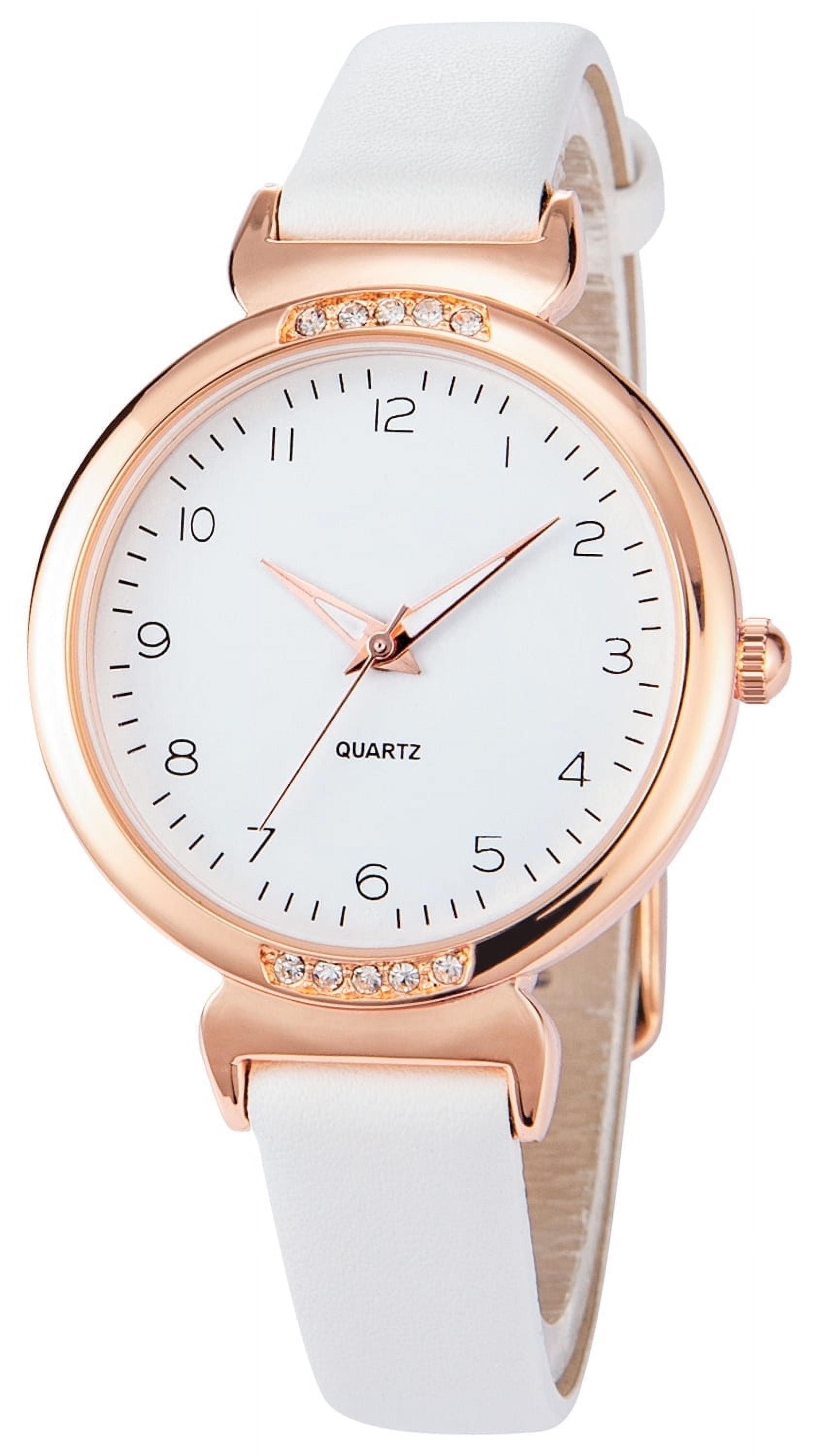 KSYOU Women Watch, White and Rose Gold, Crystal Accented, Leather Strap ...