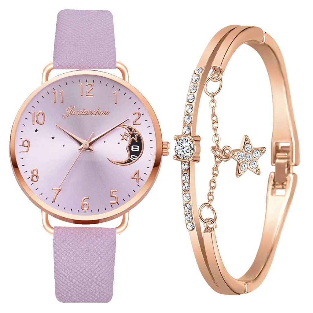Women Watch Moon Numbers Dial Bracelet Watches Set Ladies Leather Band ...