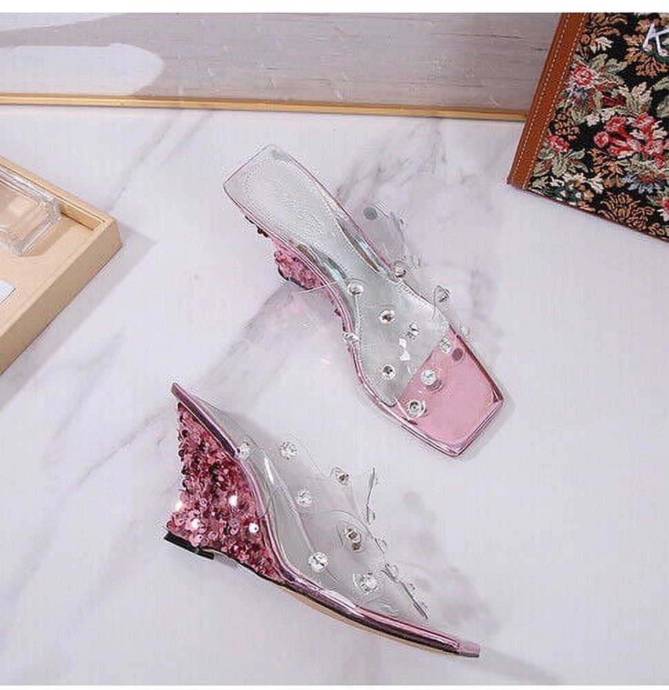 Women Wedge Heels Square Open Toe Clear PVC Prom Sandals Leather ...
