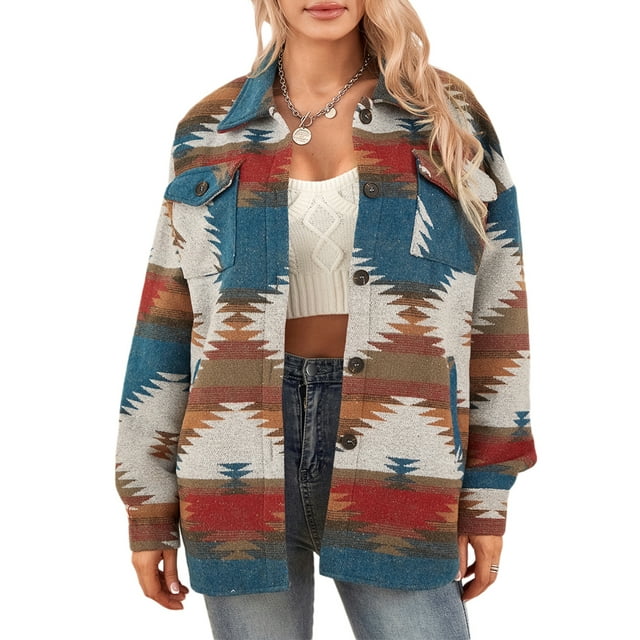 Women Western Aztec Jacket Plus Size Retro Geometric Print Fleece Shacket Ethnic Tribal Clothing ...