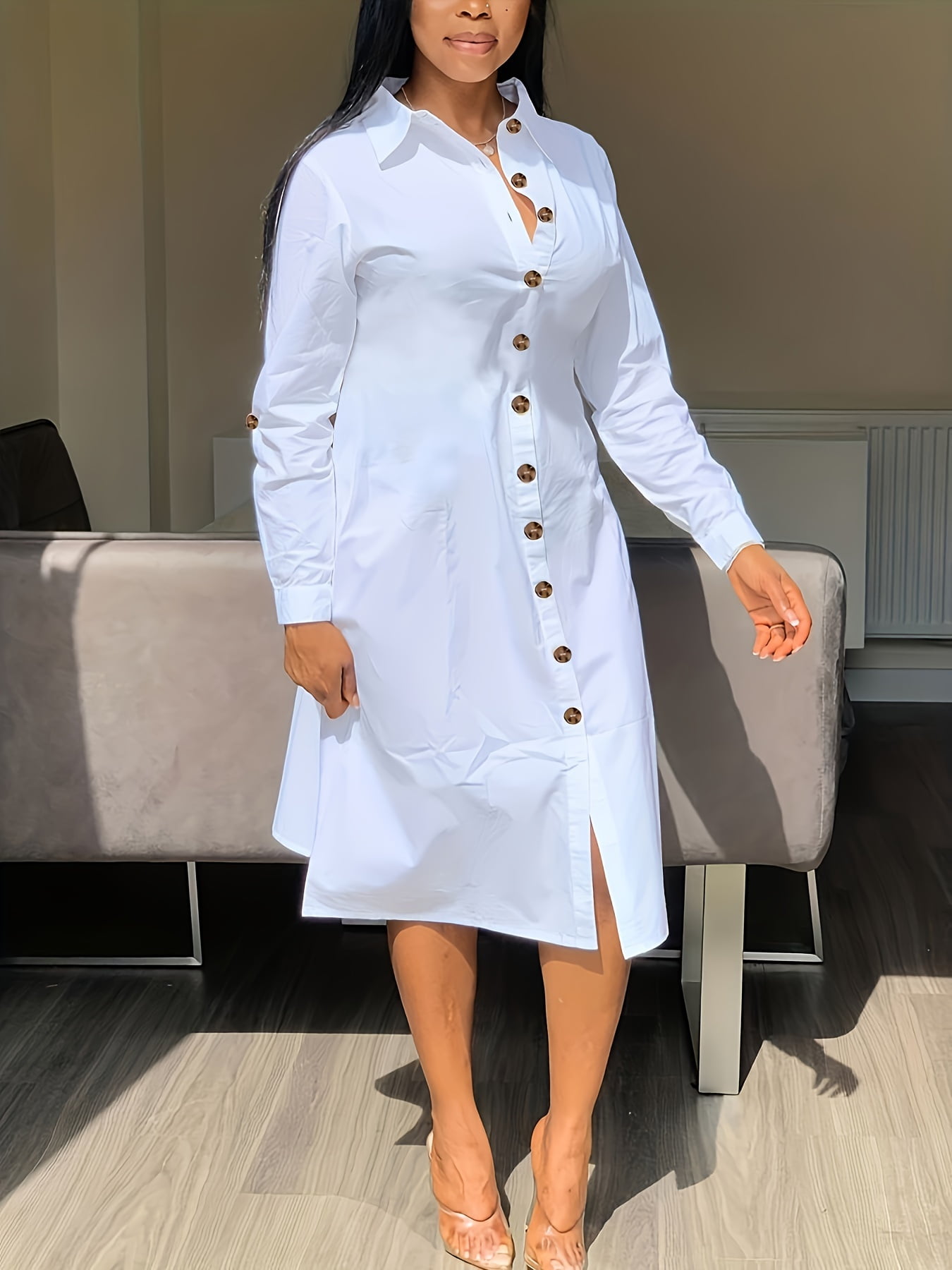 Women White Button Down Shirt Dress Long Sleeve Midi Length Casual ...