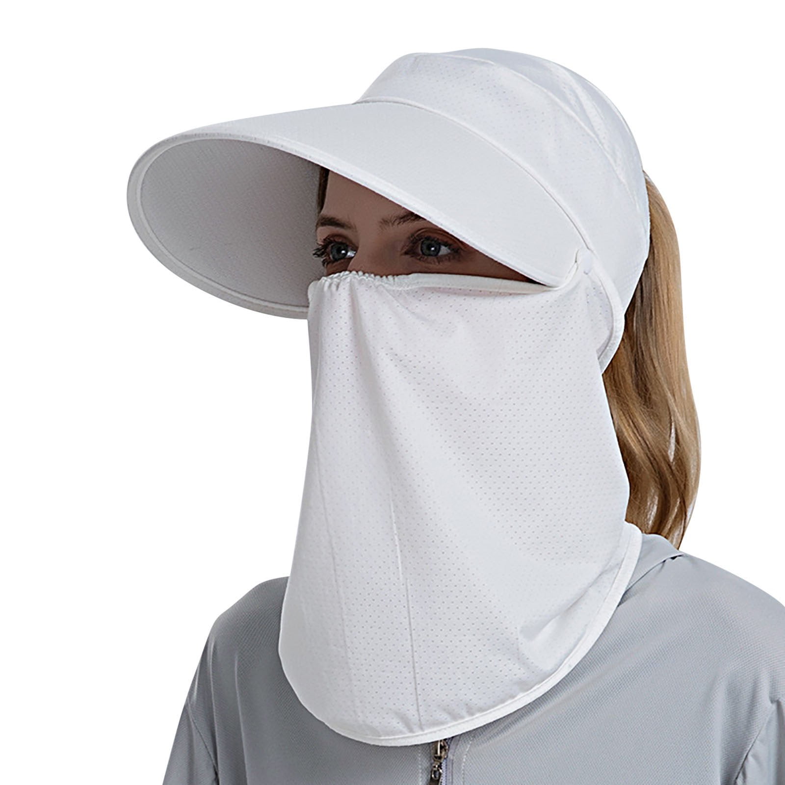 Women Wide Brim Face Mask Sun Hat Detachable Neck Face Flap Ponytail UV ...