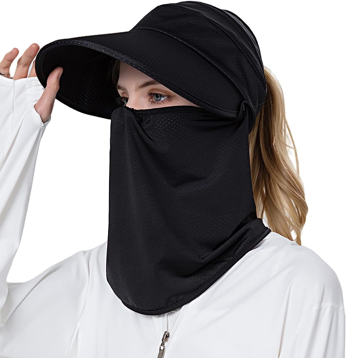 Women Wide Brim Face Mask Sun Hat Detachable Neck Face Flap Ponytail UV ...