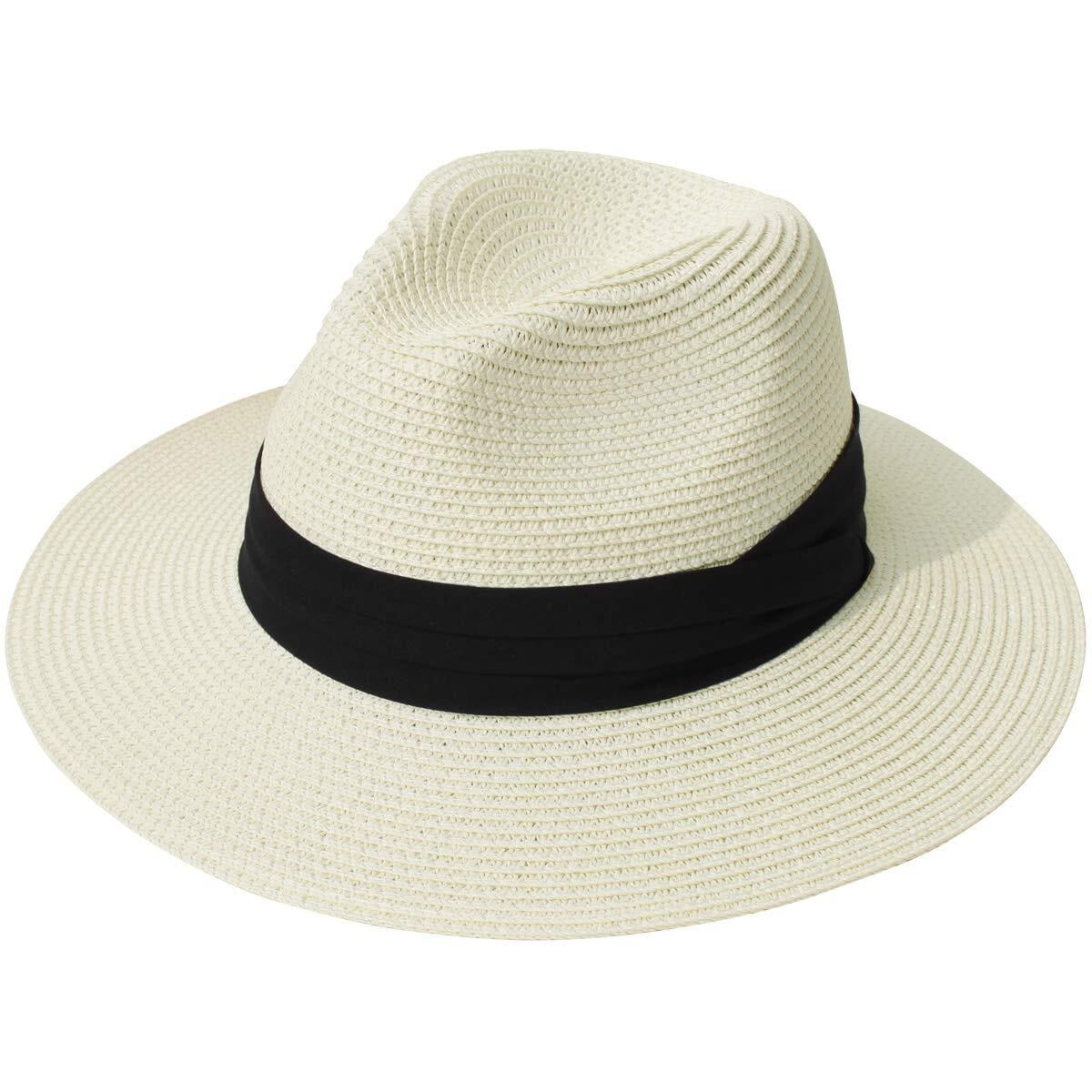 Women Wide Brim Straw Panama Roll up Hat Fedora Beach Sun Hat UPF50+ (A ...