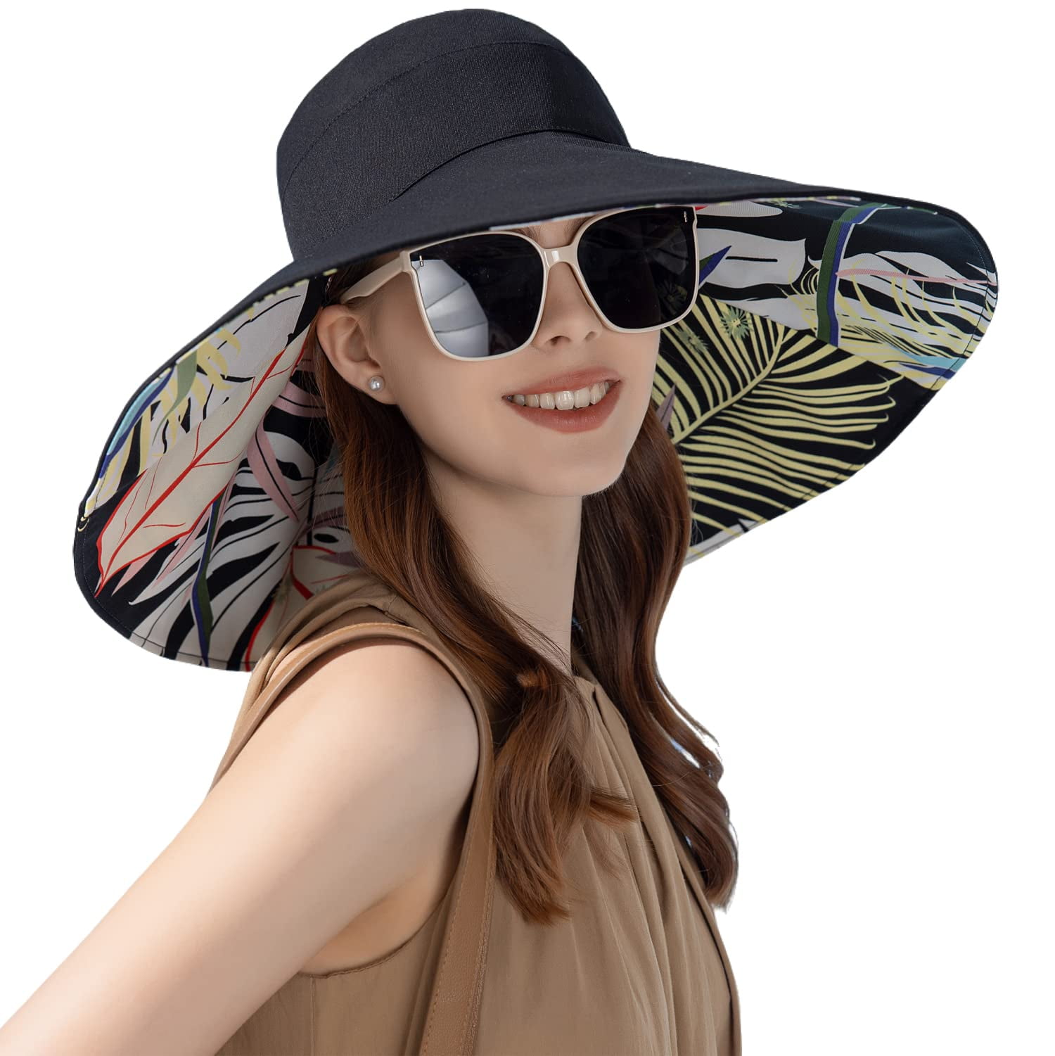 Women Wide Brim Sun Hat, Wide Brim Wired Edge Floral Beach Bucket Hats ...