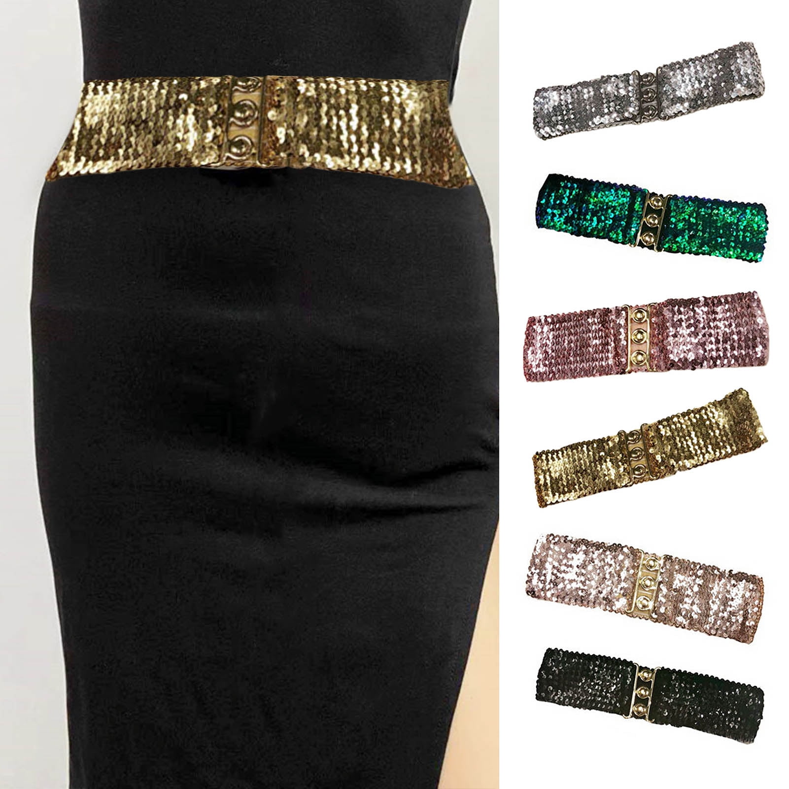 Women Wide Elastic Waist Stretch Waistband Sequins Shiny Cummerbund Bright Color Dress Belt High ...