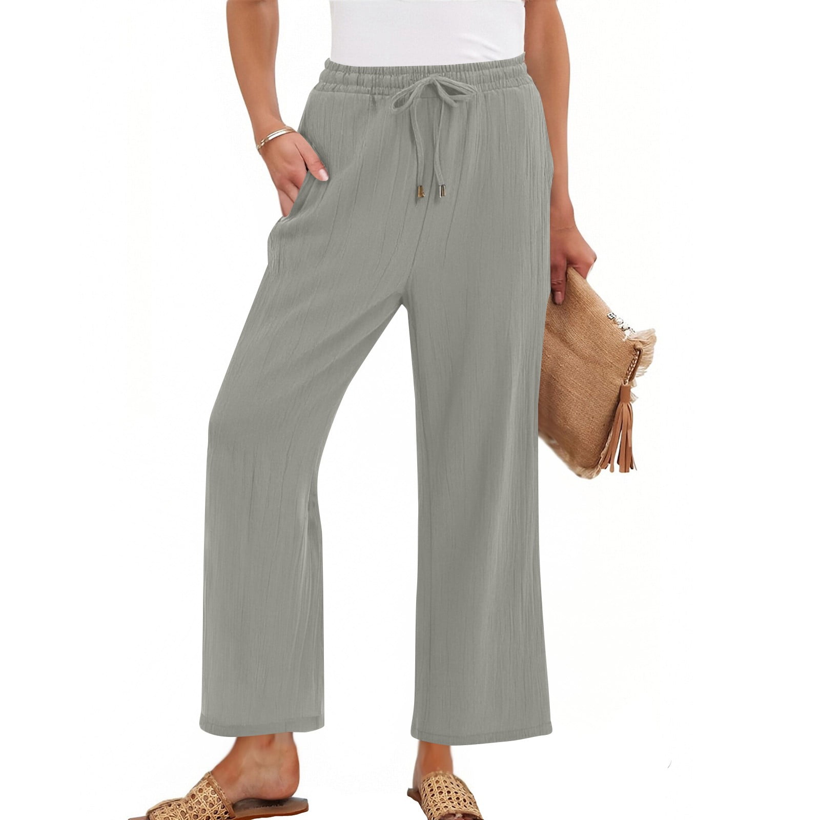 Women Wide Leg Palazzo Linen Pants Casual Drape Lightweight Trousers ...