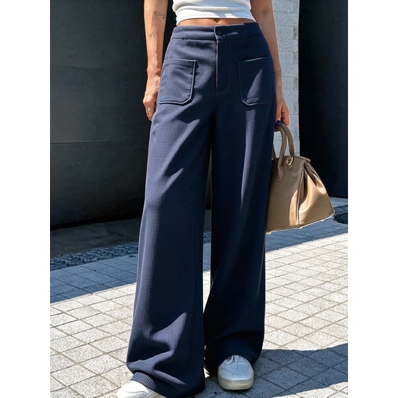 Women Wide Leg Trousers Waffle Texture High Waist Zipper Fly Straight ...