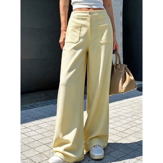 Women Wide Leg Trousers Waffle Texture High Waist Zipper Fly Straight ...
