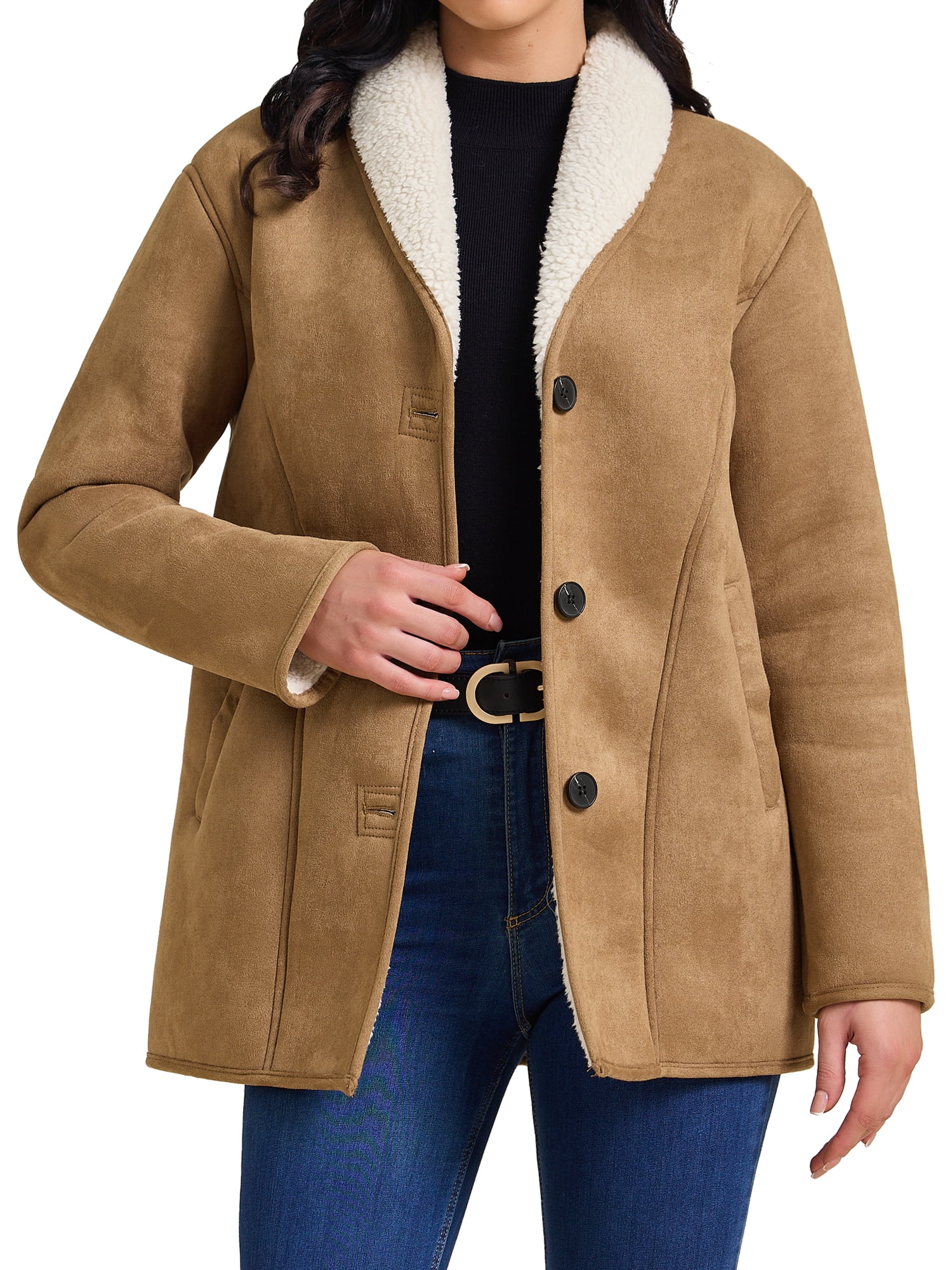 INSPIRE CHIC Women's Coat Suede Button Down Notched Lapel Fleece Jacket ...