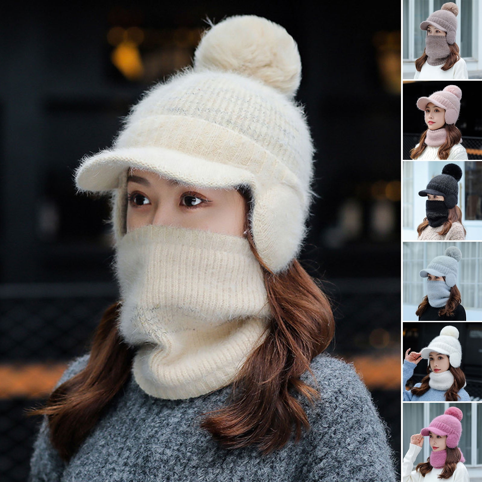 Women Winter Beanie Hats One-Piece Fleece Lined Knit Balaclavas Mask ...