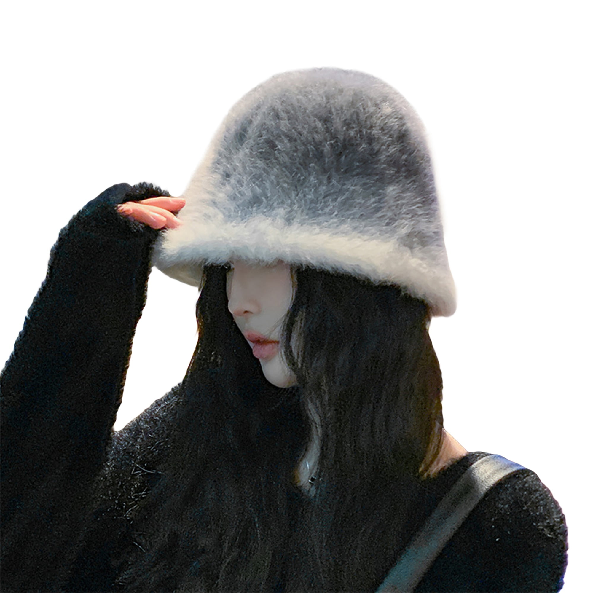 Women Winter Bucket Hat Gradient Plush Furry Hat Wide Brim Cap ...