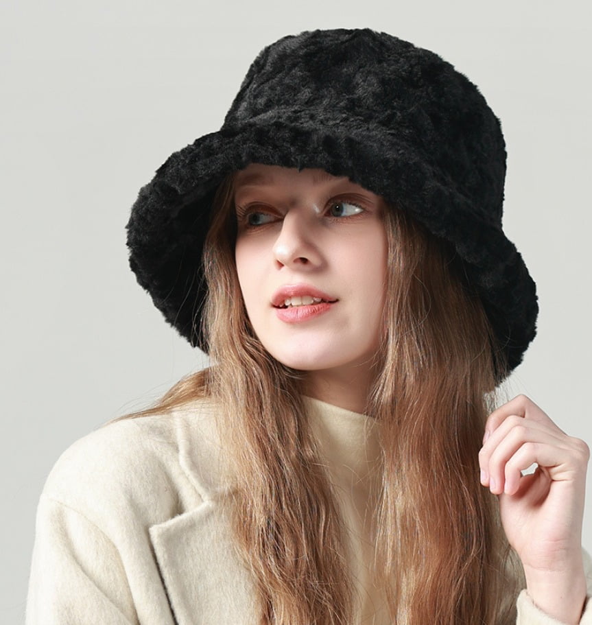 Women Winter Bucket Hat Warm Chunky Soft Hats Cloche Faux Fur Fisherman ...