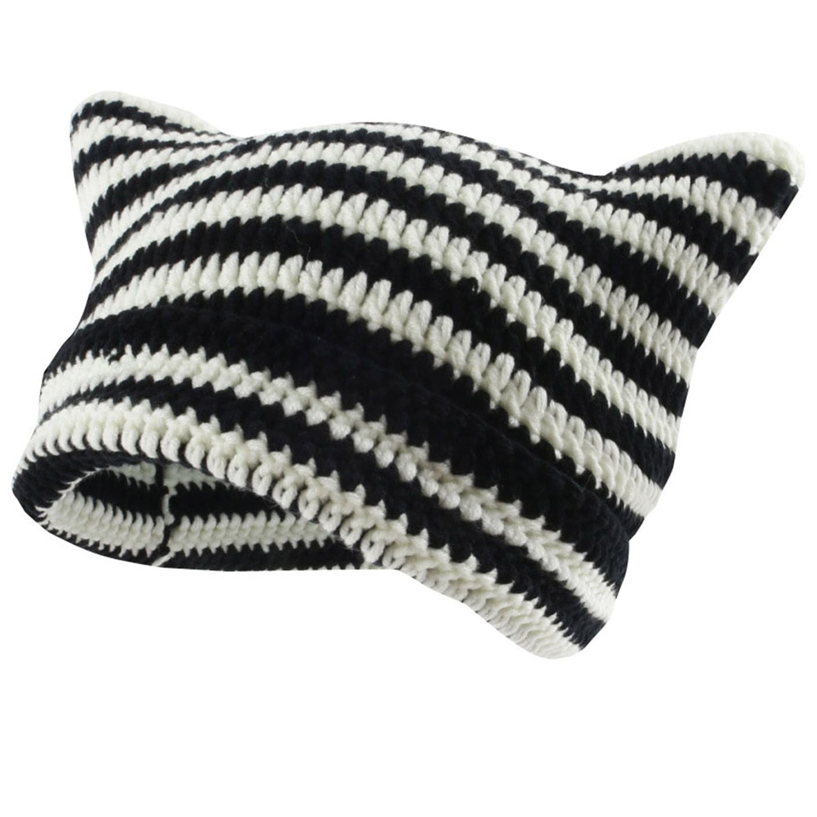 Women Winter Cat Ears Hats Soft Slouchy Striped Knitted Hat Trendy Warm ...