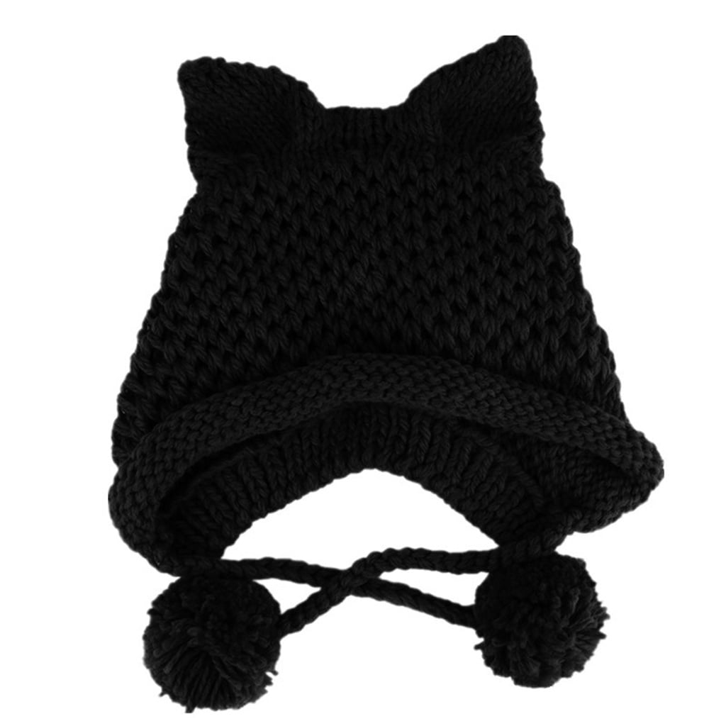 Women Winter Chunky Knit Beanie Hat Cute 3D for Cat Ears Solid Color ...