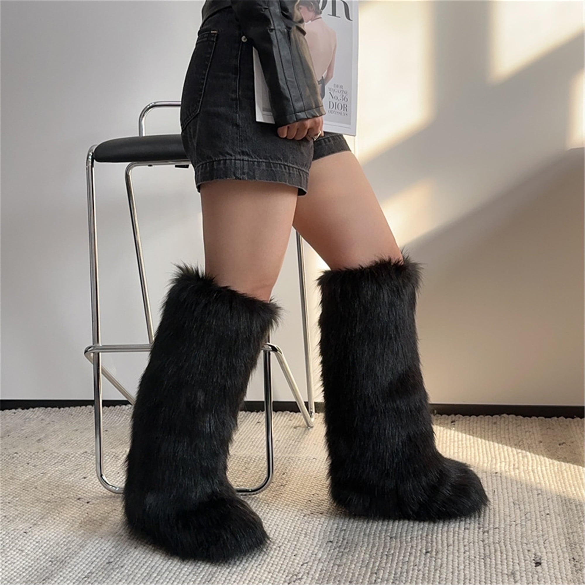Women Winter Fluffy Faux Fur Knee High Boots Outdoor Non-slip PVC Soles ...