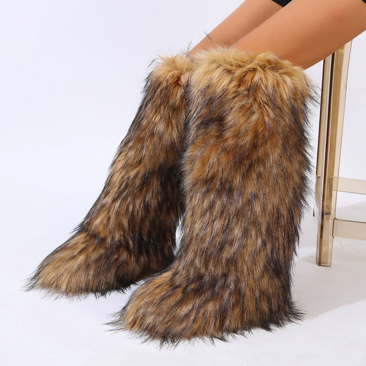 Women Winter Fluffy Faux Fur Knee High Boots Y2K Outdoor Snow Boots ...