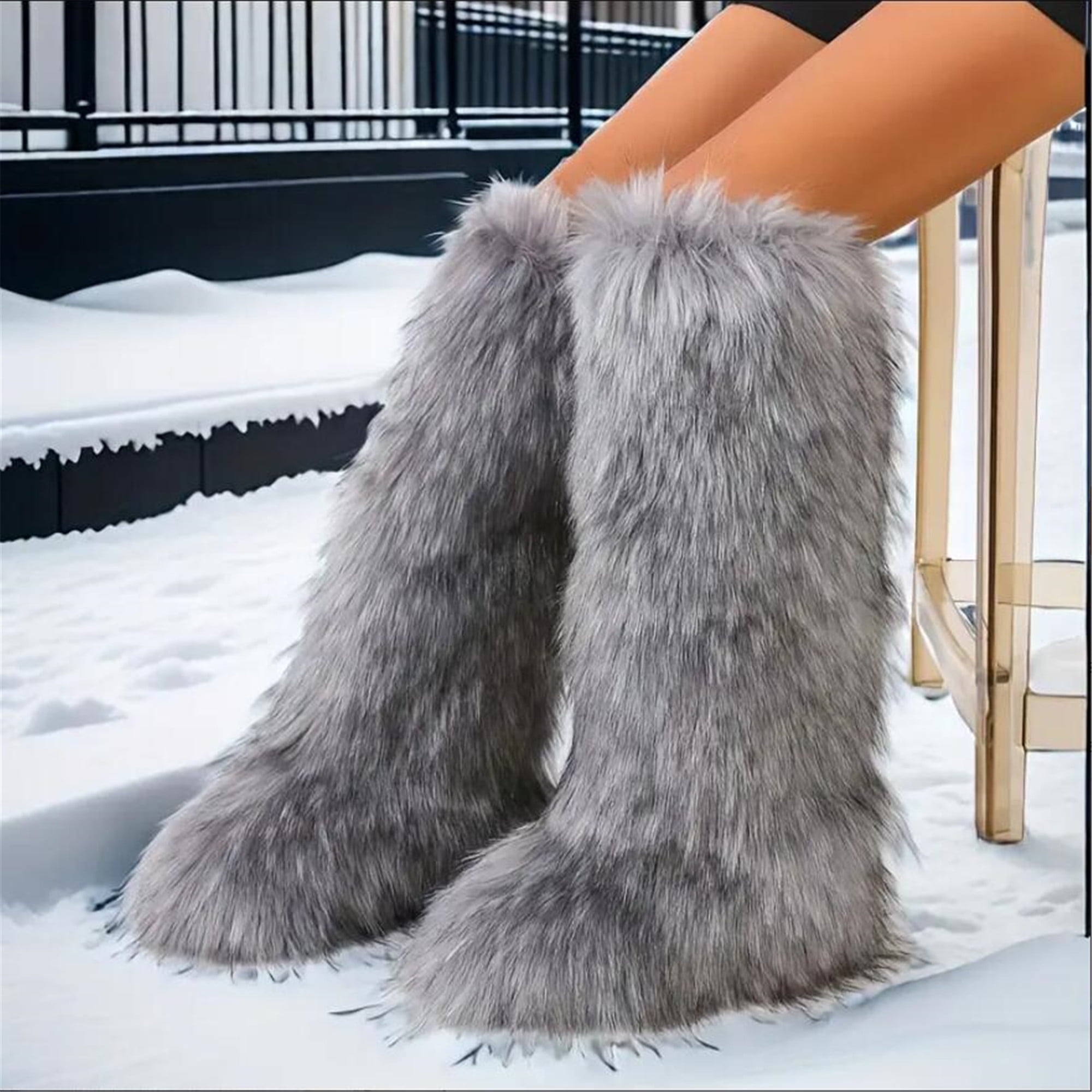 Women Winter Fluffy Faux Fur Knee High Snow Boots Y32K Outdoor Fashion ...