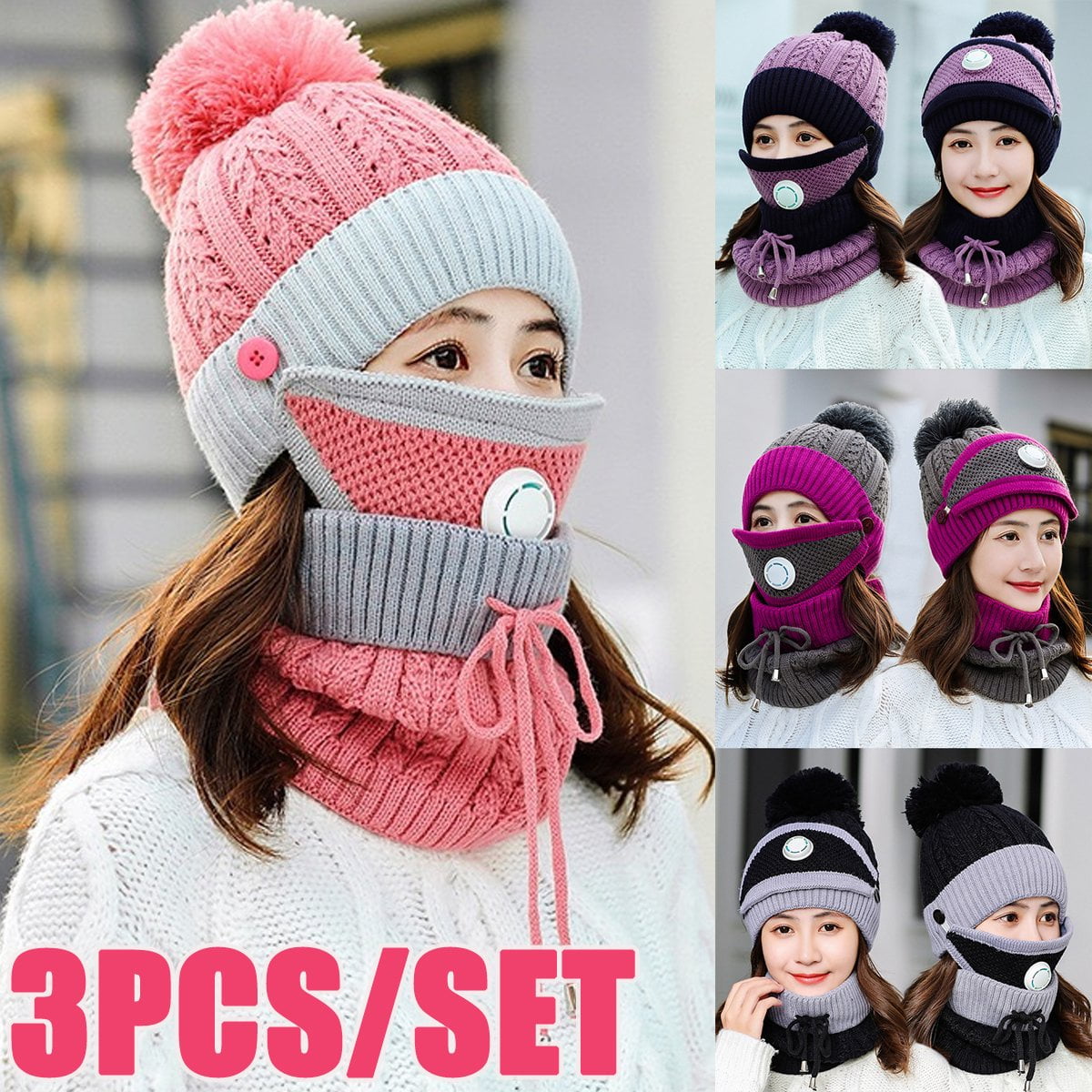 Women Winter Hat Set of 3, Warm Knit Beanie Hat Scarf Mask Set with ...