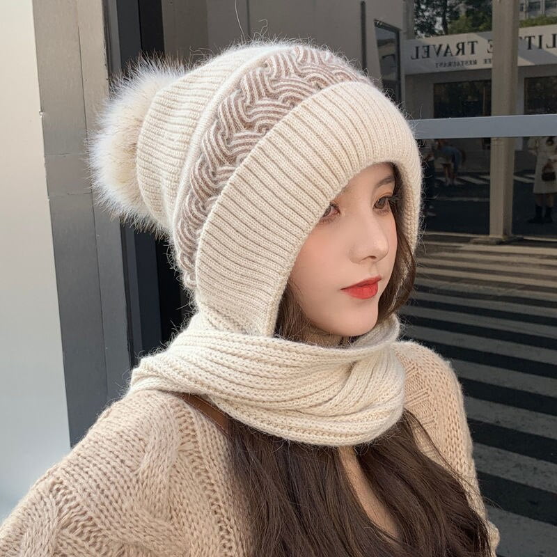 Women Winter Hood Beanies Thick Woolen Knitted Hat+Scarf Fur Pompom ...