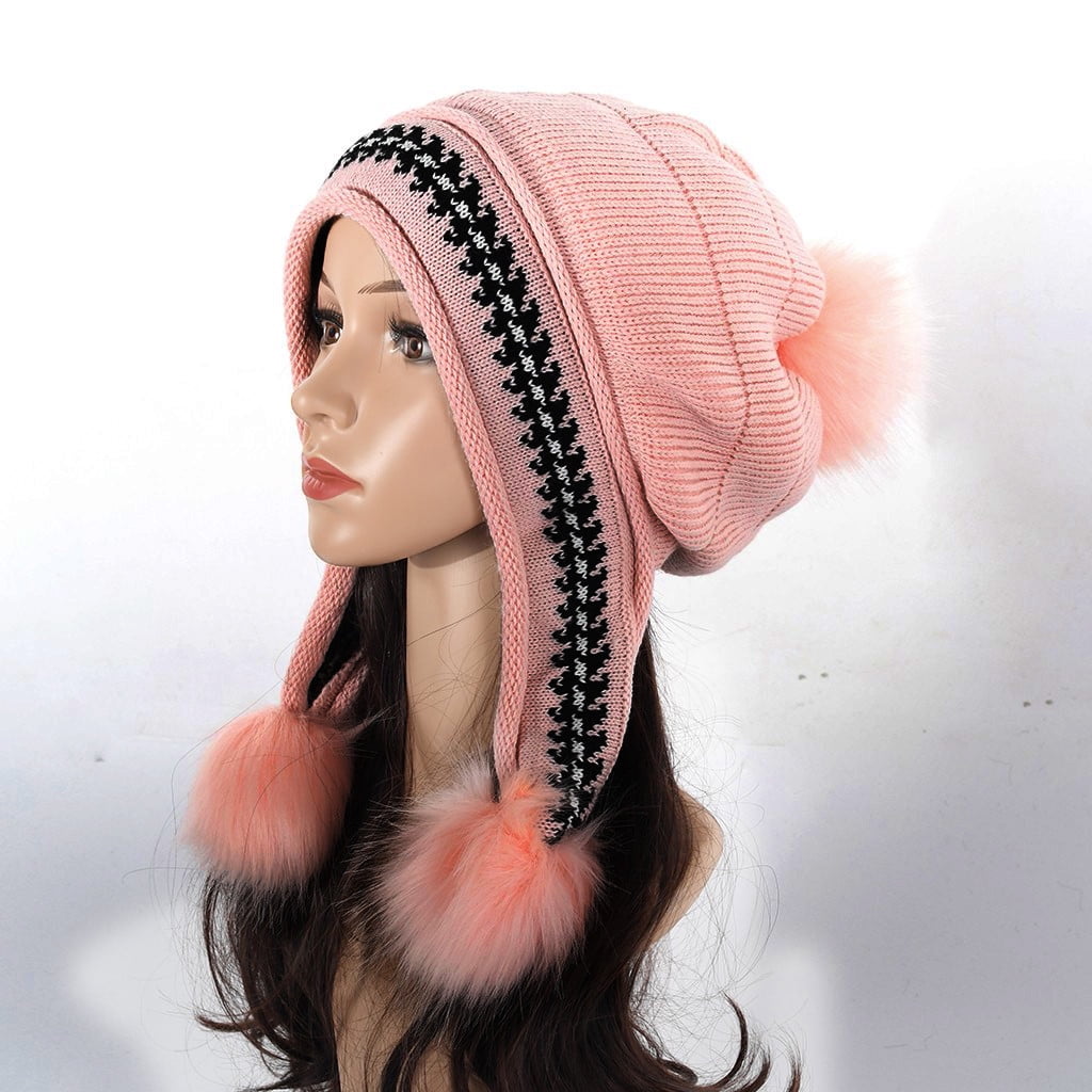 Women Winter Knitted Beanie Hat with Pompoms Ski Snow Ear Flaps Sherpa ...