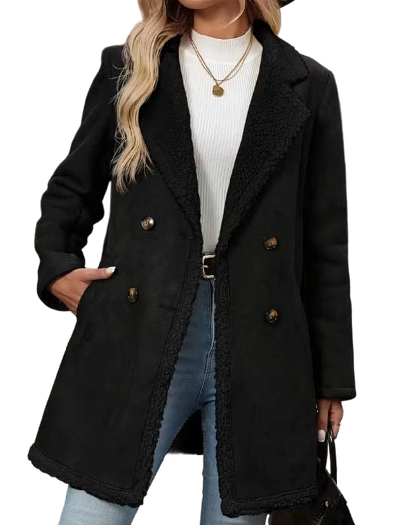 Women Winter -Lined Faux Suede Leather Jacket Oversized -Lapel Mid Long ...