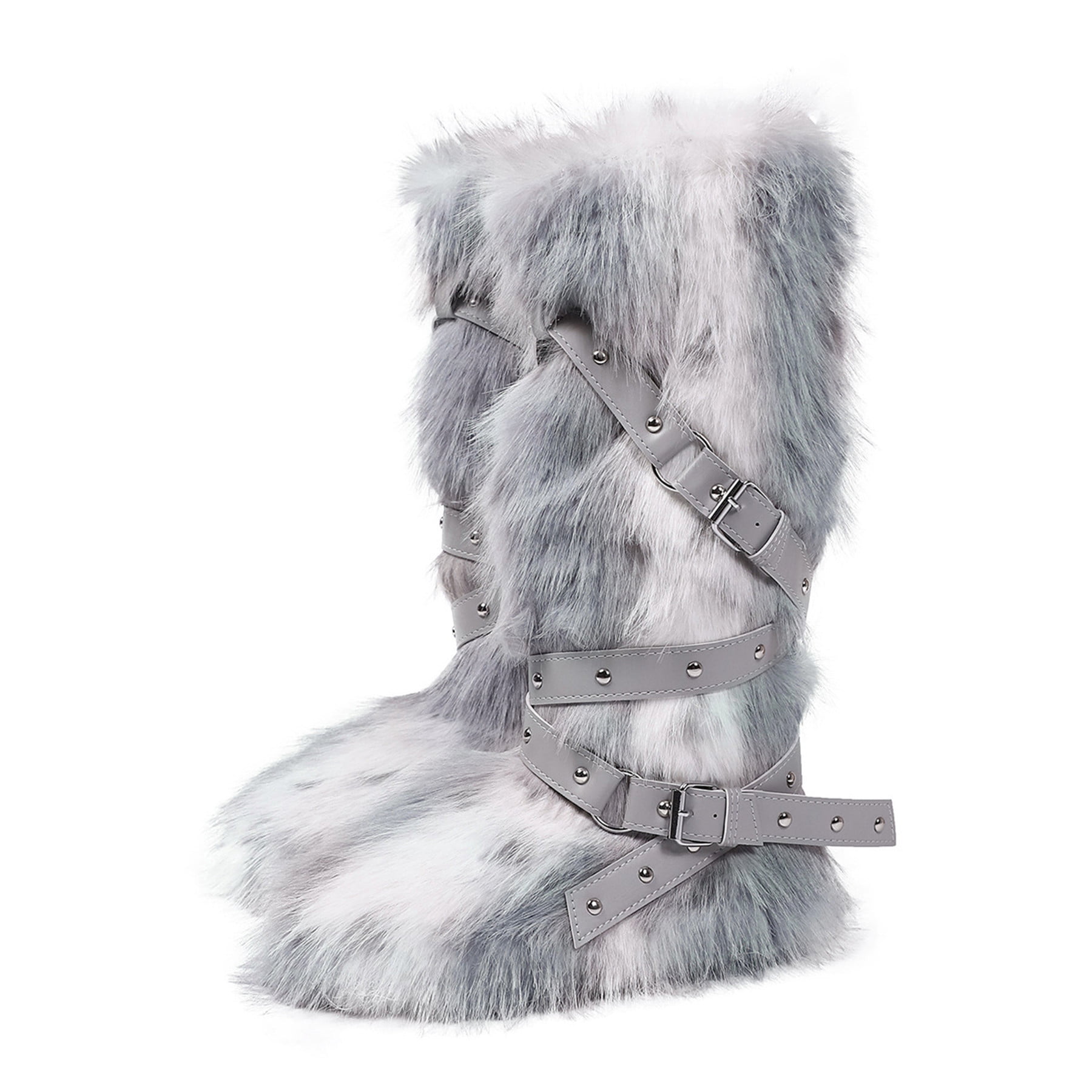 Women Winter Warm Fluffy Faux Mongolian Fur Knee High Snow Boots with ...