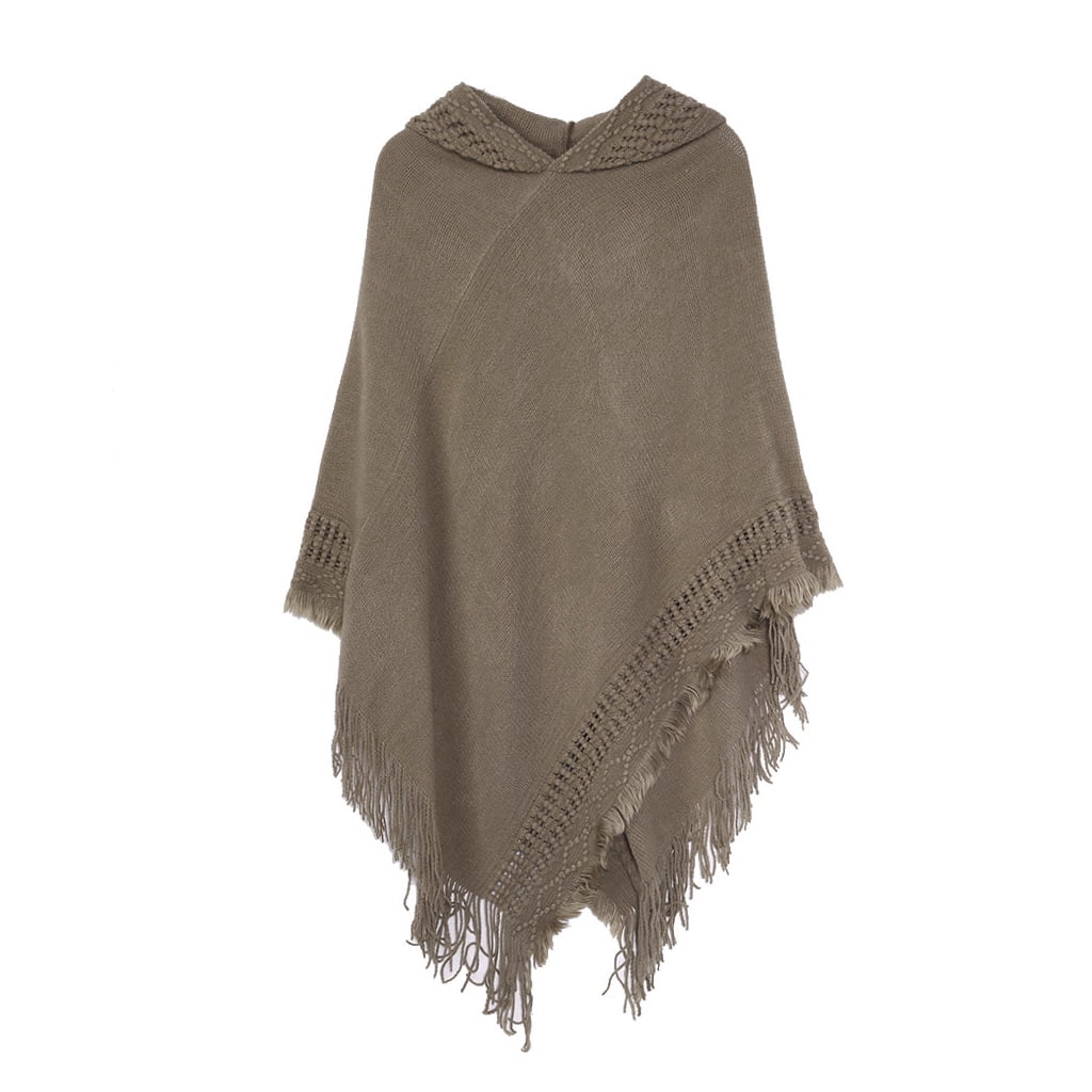 Women Winter Warm Knitted Hooded Poncho Cape Solid Color Crochet ...