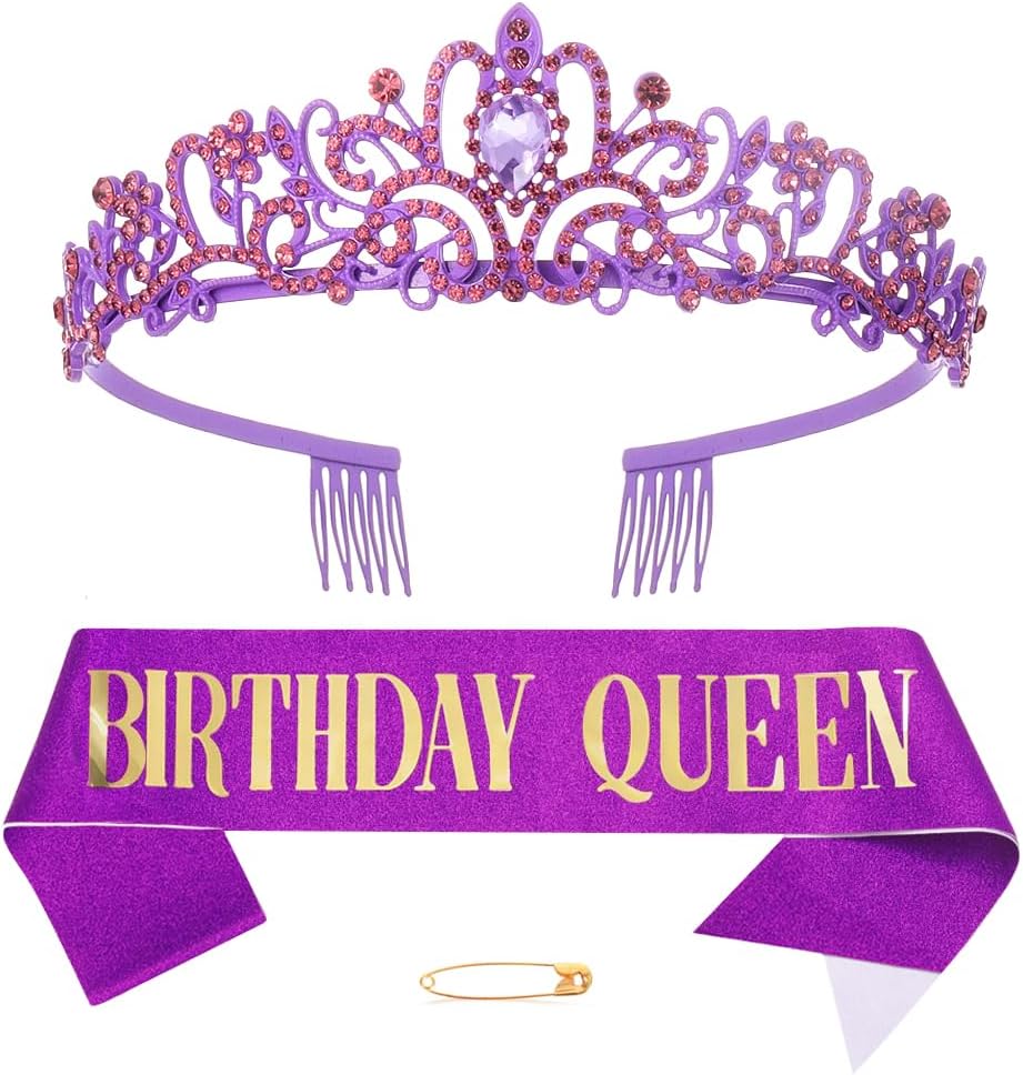 Women Women Purple BIirthday Crown Queen Sash Kit for Girls Birthday ...