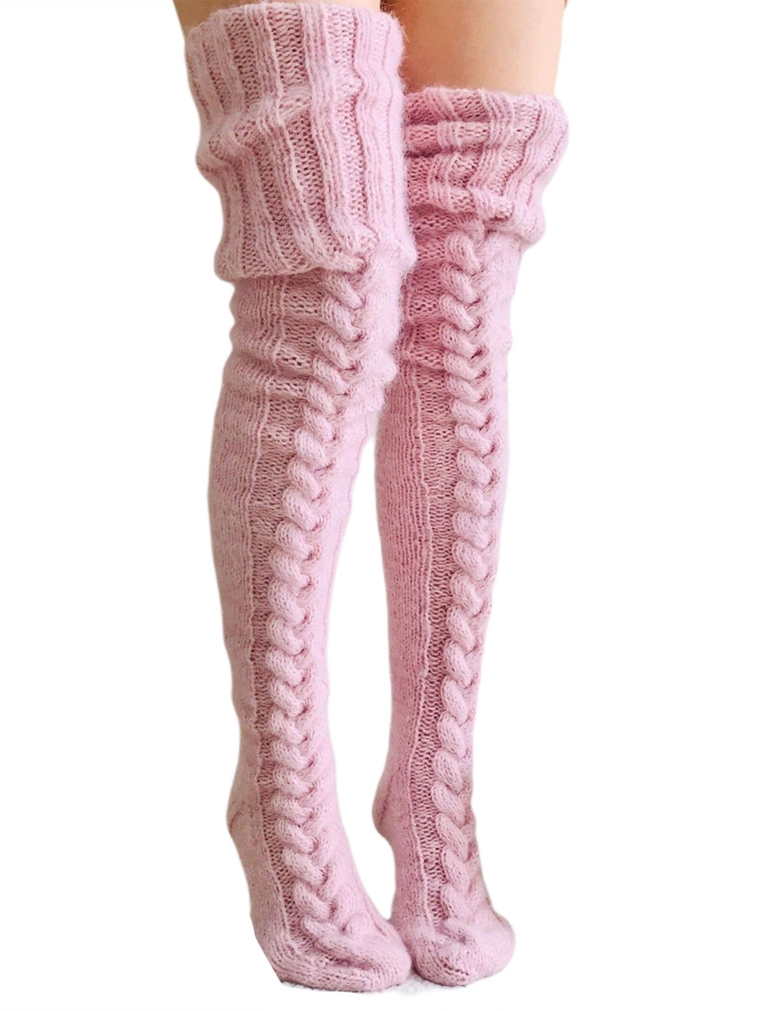 Women Wool Thigh High Stocking Twist Knit Solid Color Fluffy Over Keen ...