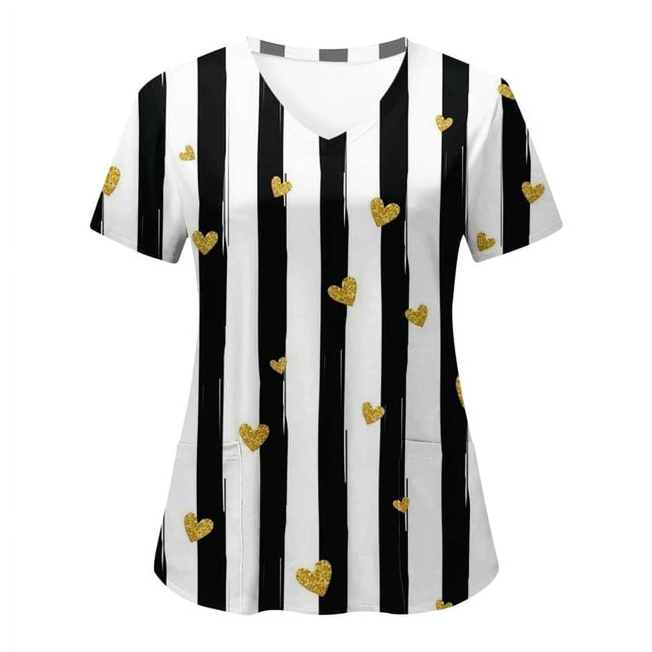 Women Working Uniform Smile Heart Print Cartoon Cat Dog Short Sleeve V ...