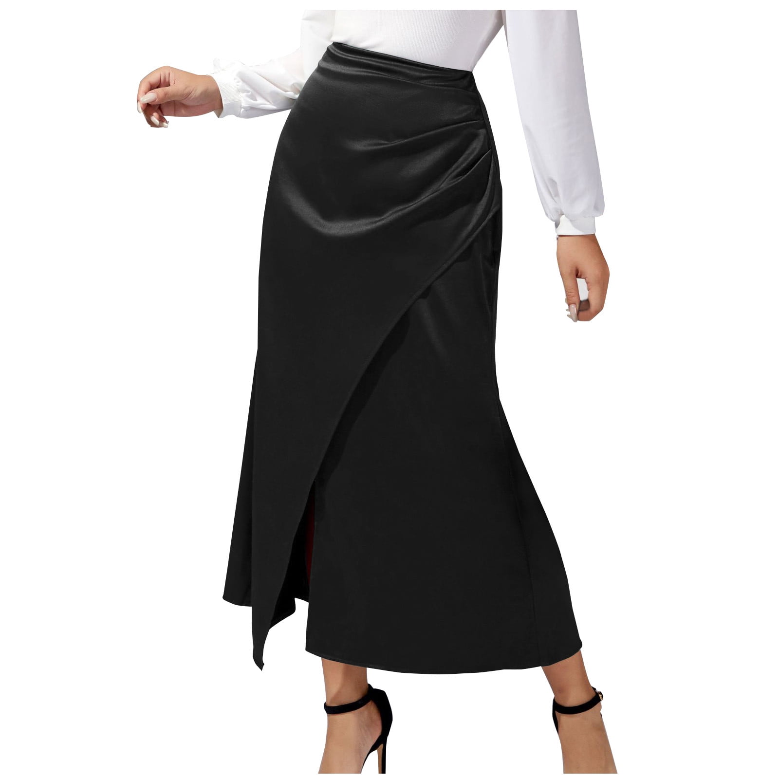 Women Wrap Hip Skirt, Solid Fishtail Maxi Skirts, Satin Pleated Slit ...