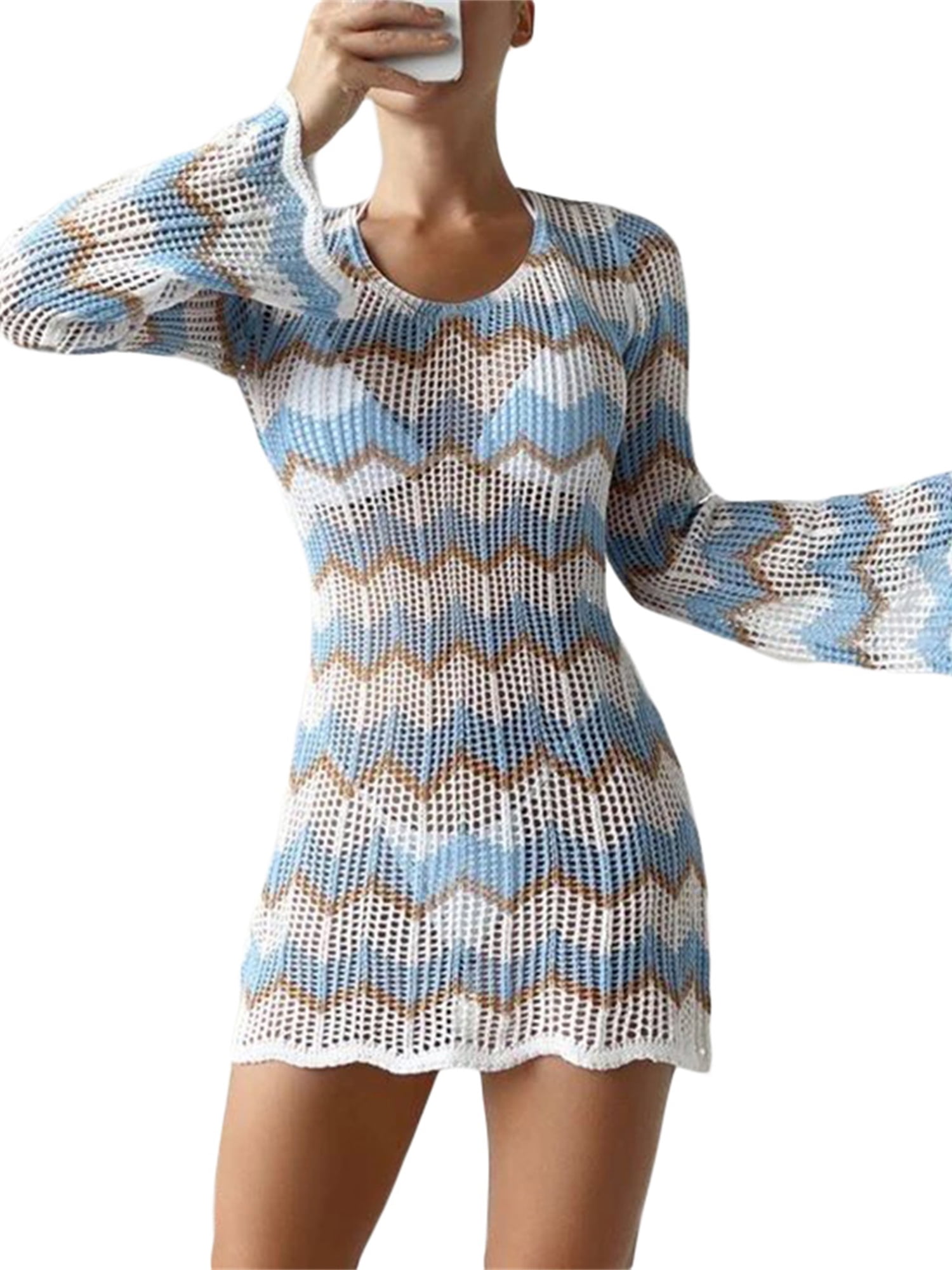 Shunvnny Women Wrapped Dress, Long Sleeve Backless Knitting Wave Casual ...