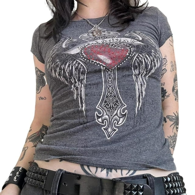 Women Y2K Fairy Grunge Short Sleeve Shirt Top Vintage Rhinestone Wing ...